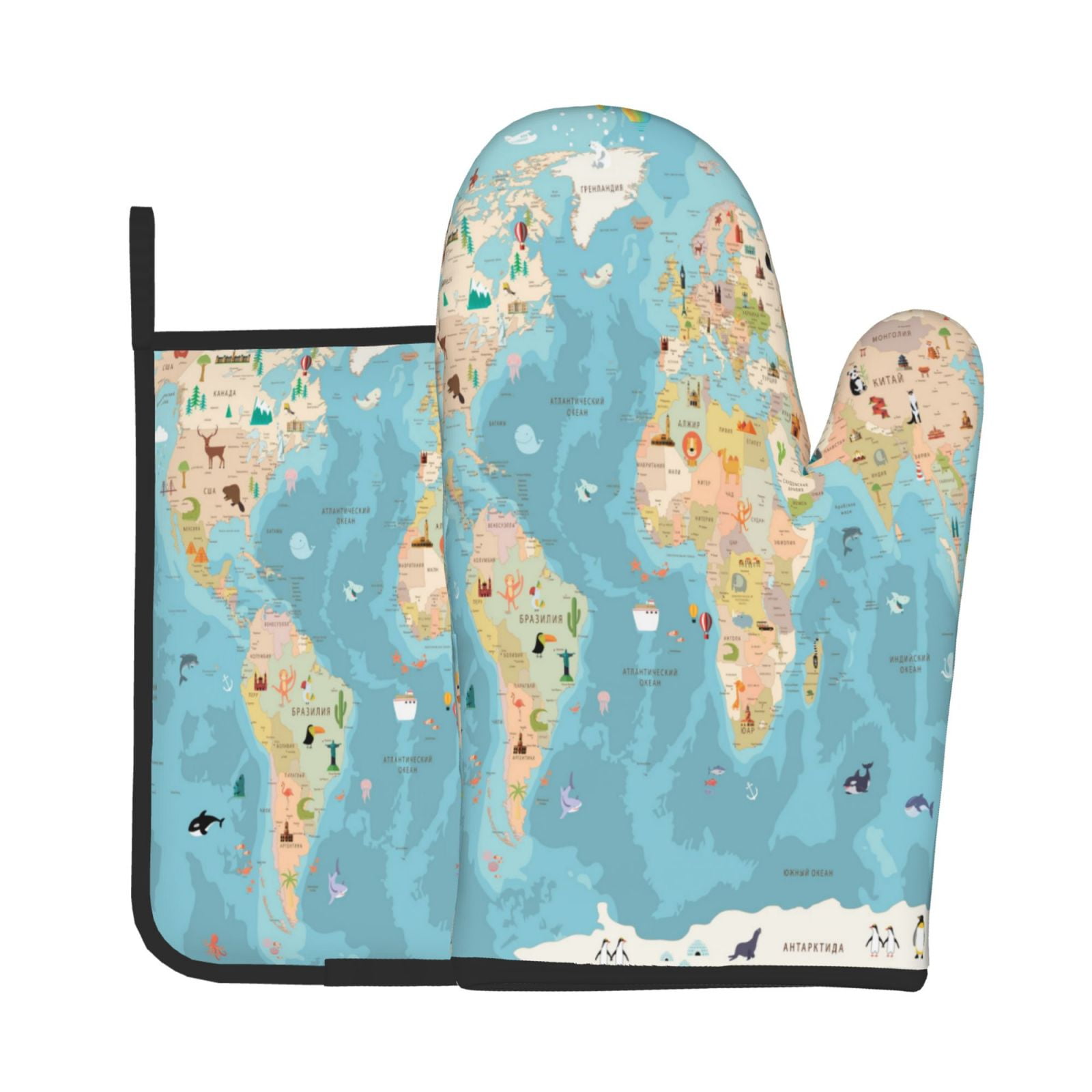 Bingfone World Map With Animals 1 Print Oven Mitts Pot Holders Set 2 ...