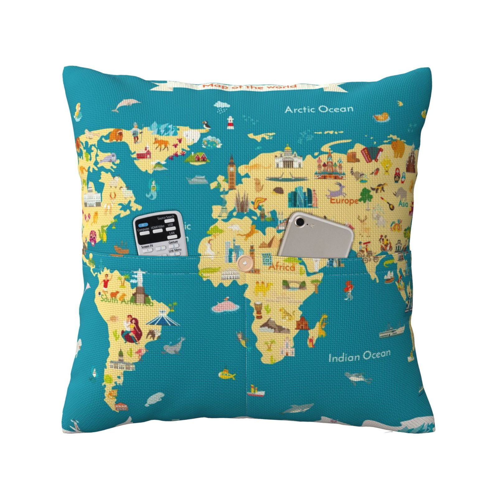 Bingfone World Map With Landmarks Linen Throw Pillow Covers Cushion ...