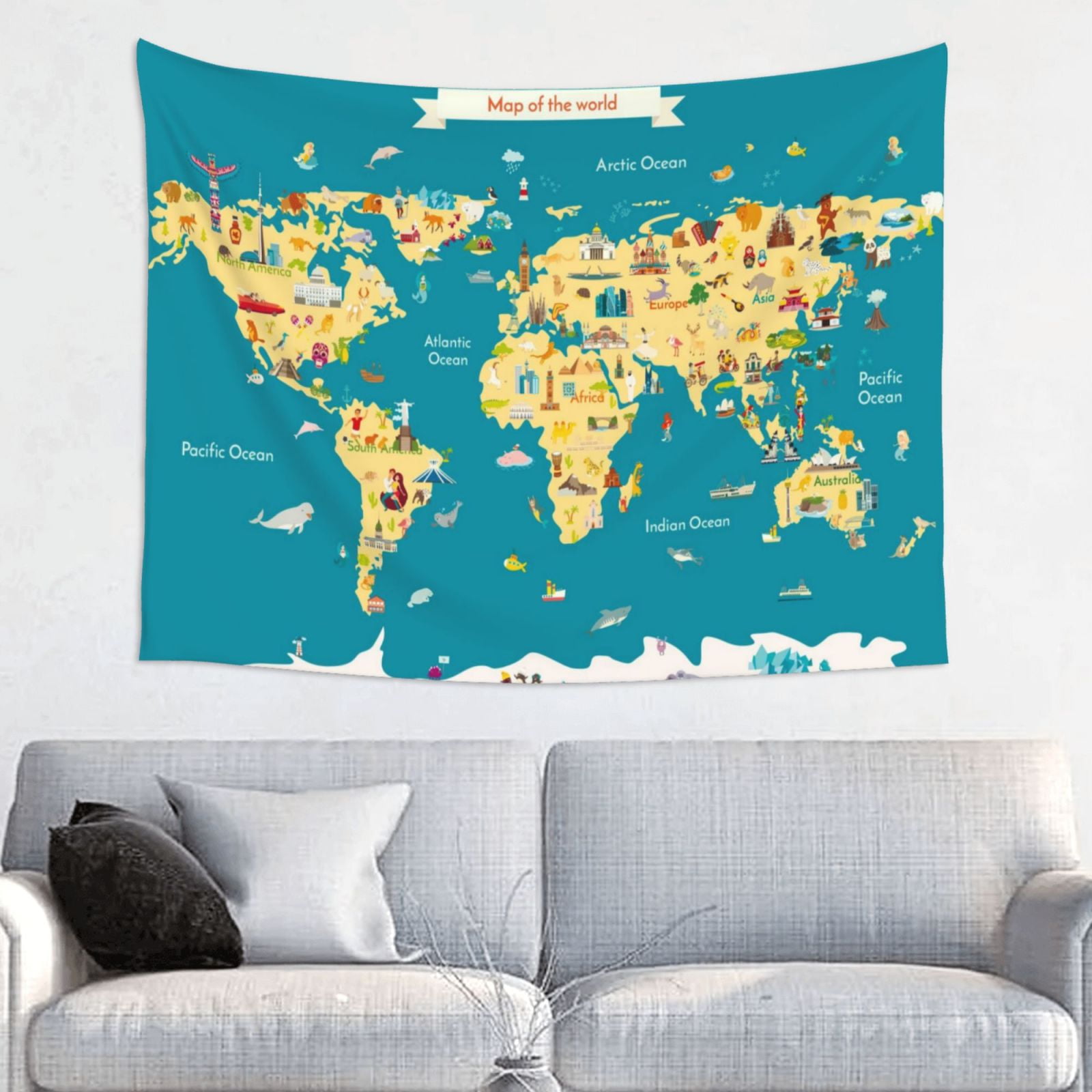 Bingfone World Map With Landmarks Tapestry Wall Hanging Decor For ...