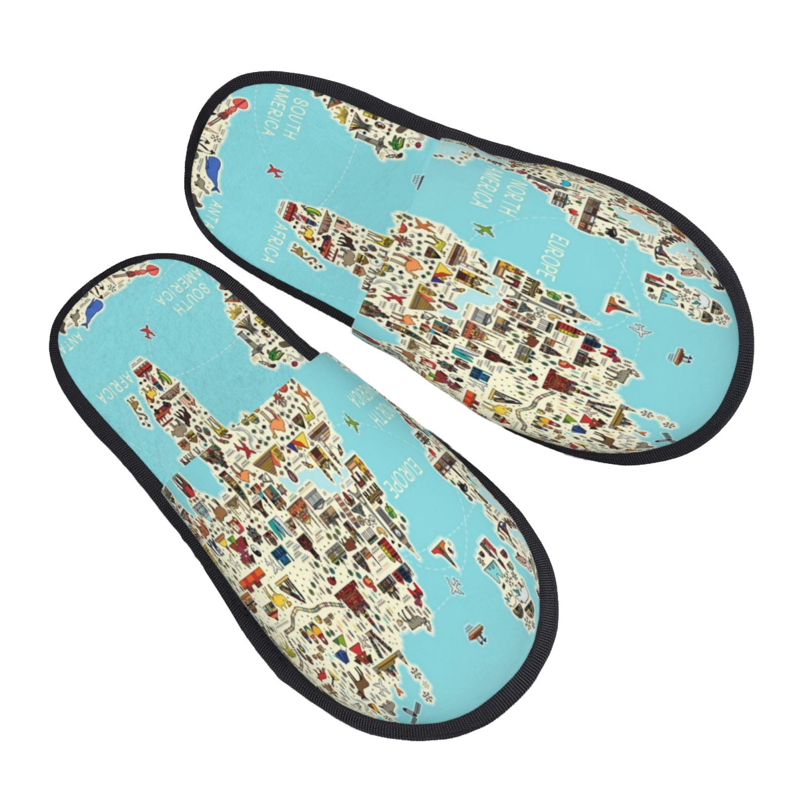 Bingfone World Travel Line Icons Map House Slippers For Women Men With ...