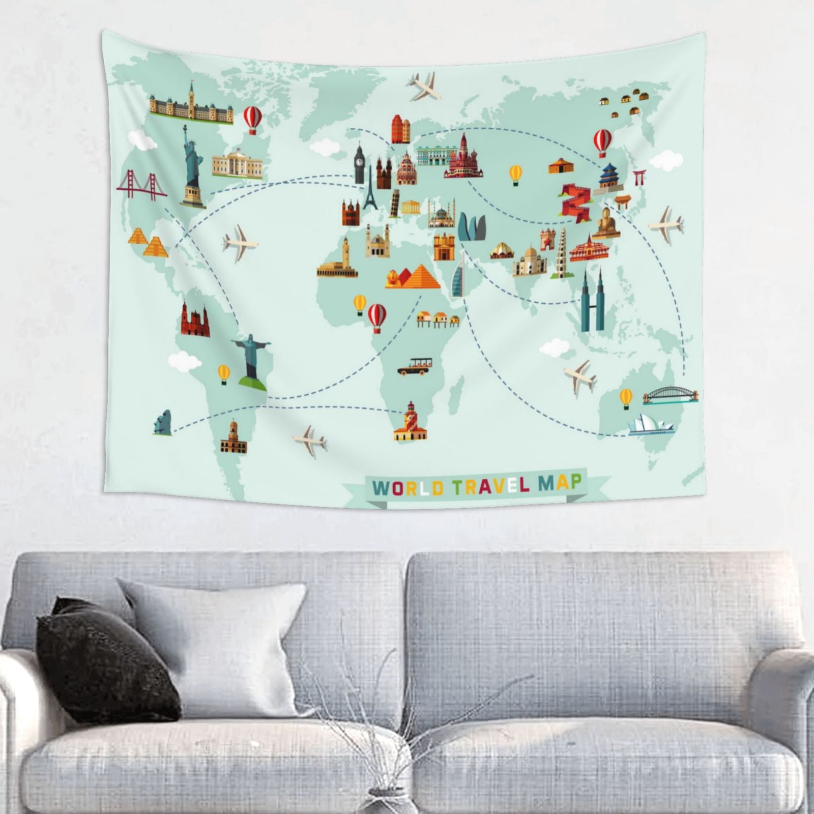 Bingfone World Travel Map Tapestry Wall Hanging Decor For Living Room ...