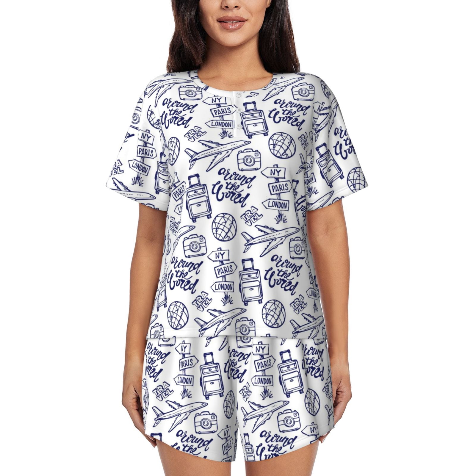 Bingfone World Travel2 Print Pajamas Sets for Women Soft Short-Sleeved ...