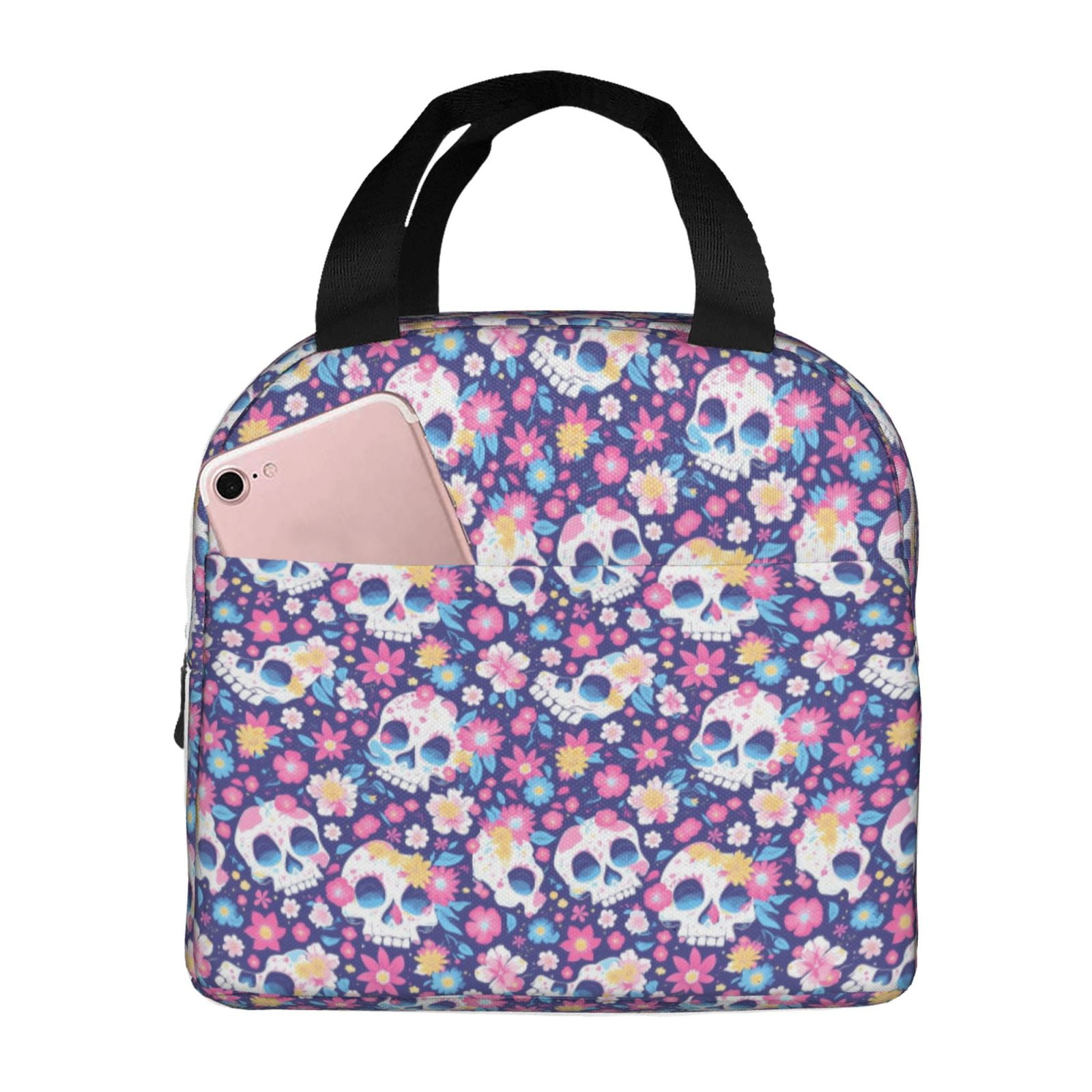 Bingfone blue flower Skull colorful Print Lunch Bag Insulated Lunch Box ...