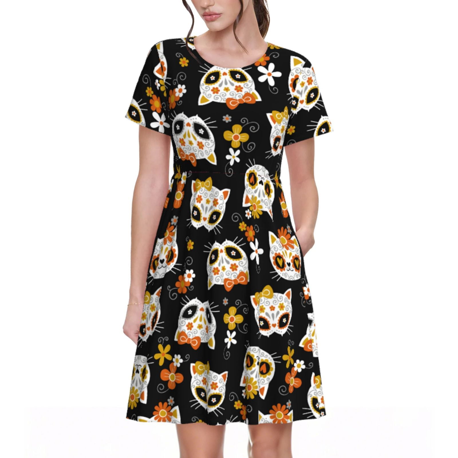 Bingfone cat sugar skulls Print Women’s Short Sleeve Dress, Comfortable ...