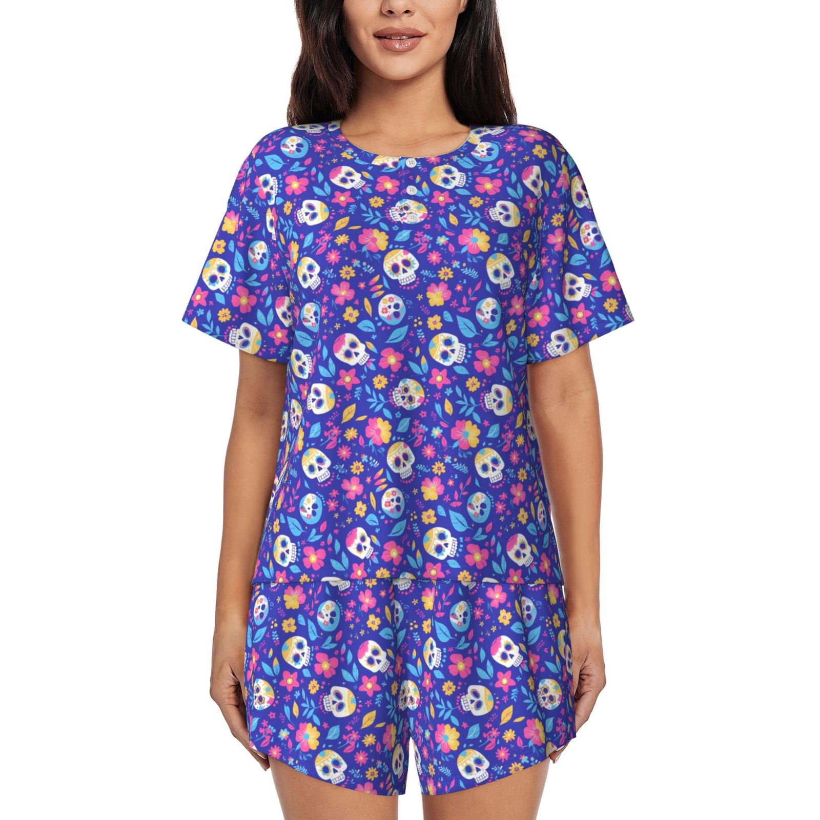 Bingfone colorful Skull flower leaf Print Pajamas Sets for Women Soft ...