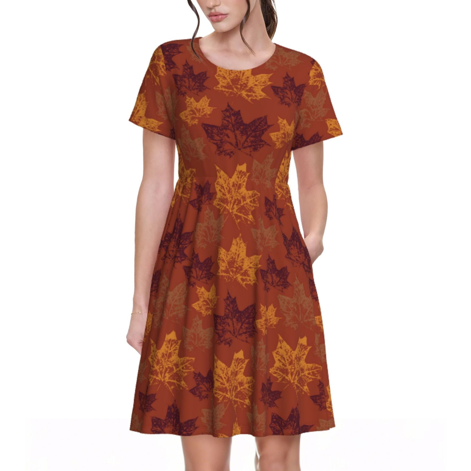 Bingfone fall Maple Print Women’s Short Sleeve Dress, Comfortable ...