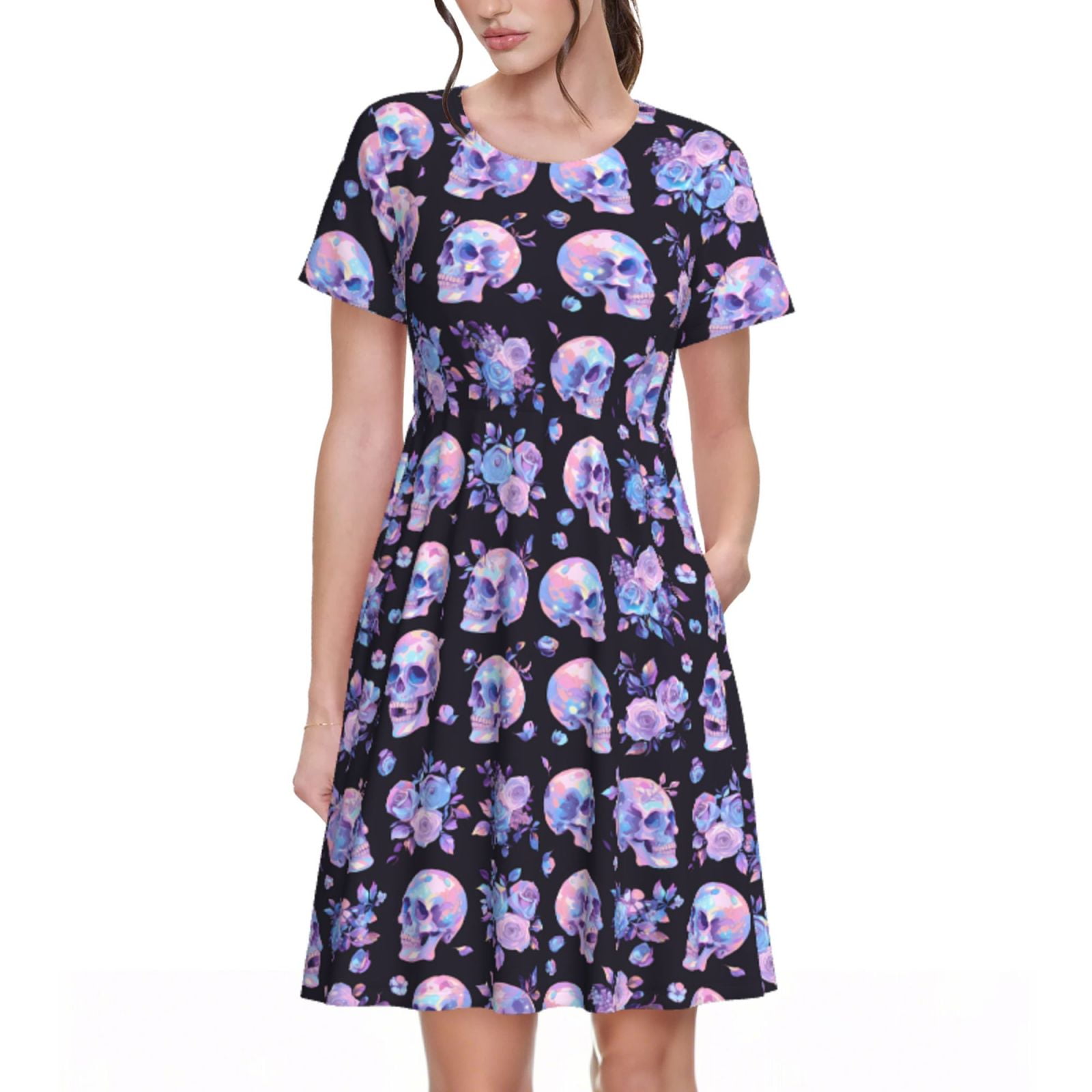 Bingfone flower Skull rose Print Women’s Short Sleeve Dress ...