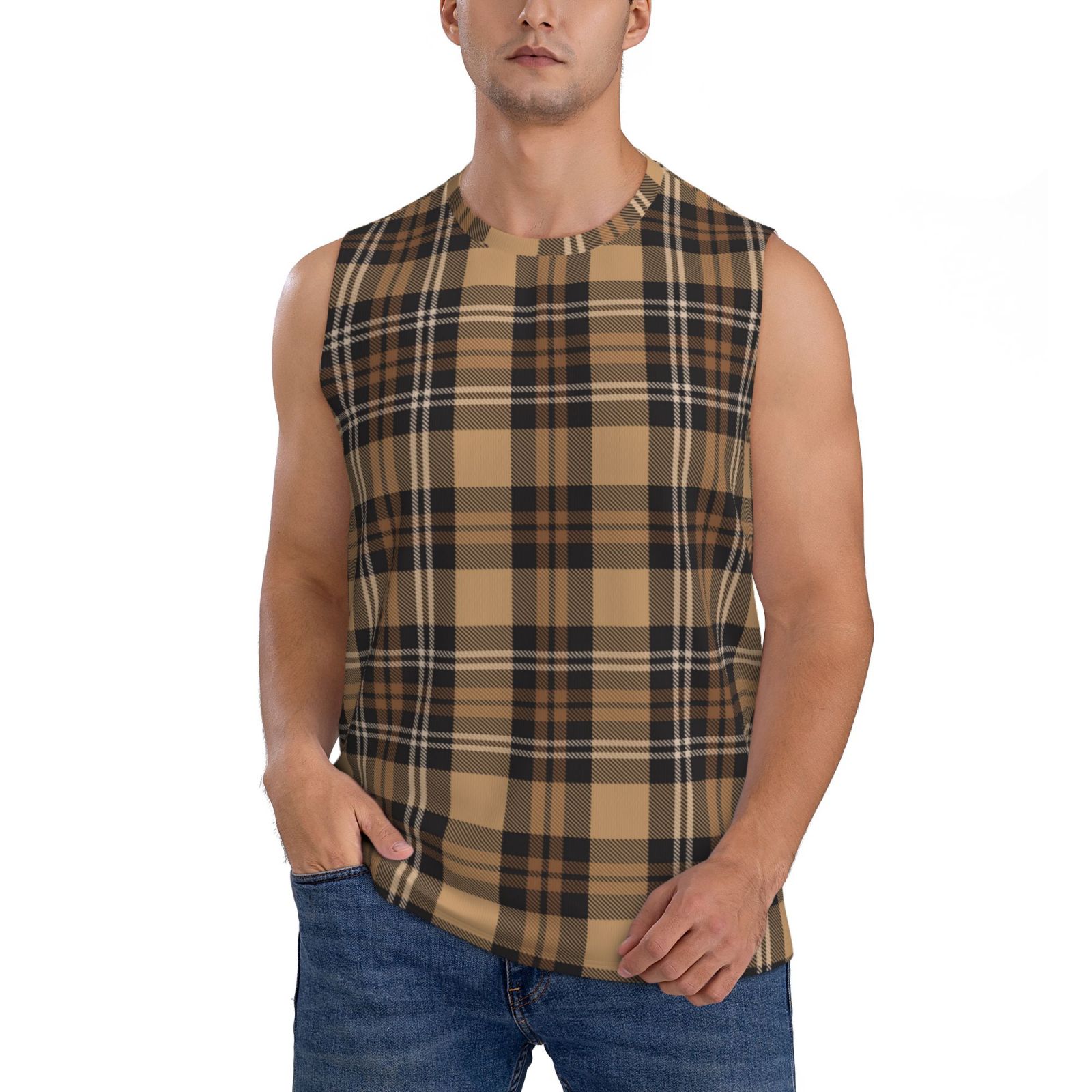Bingfone khaki coffee plaid Pattern Men's Tank Tops Workout Sleeveless ...