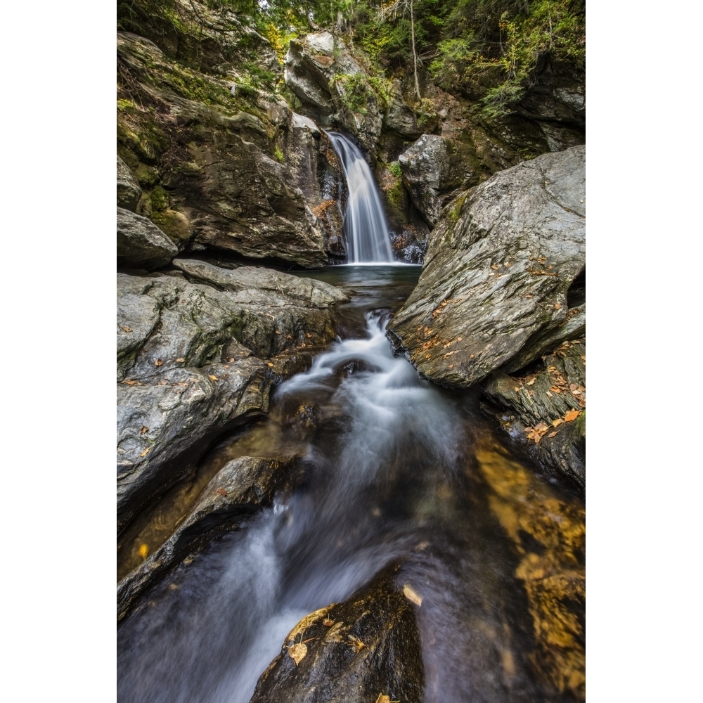 Bingham Falls with foliage on the rugged rocks Green Mountains; Stowe ...