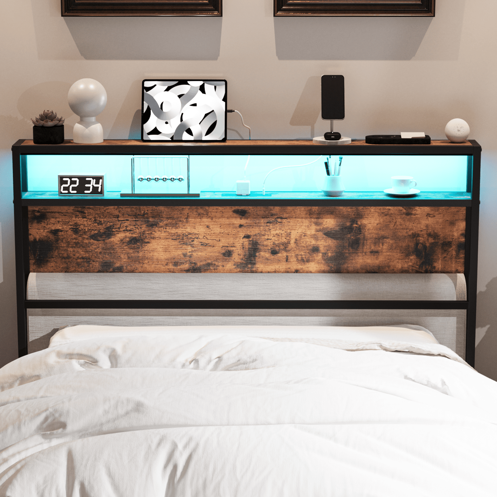 Bingirl Full Size Metal Wood Storage Headboard with LED Lights ...