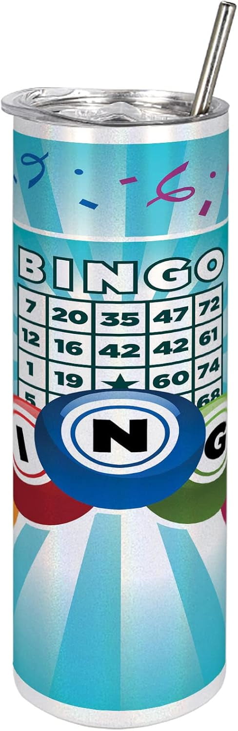 Bingo 20 Oz Skinny Tumbler, Colorful Illustration of Bingo Cards and ...