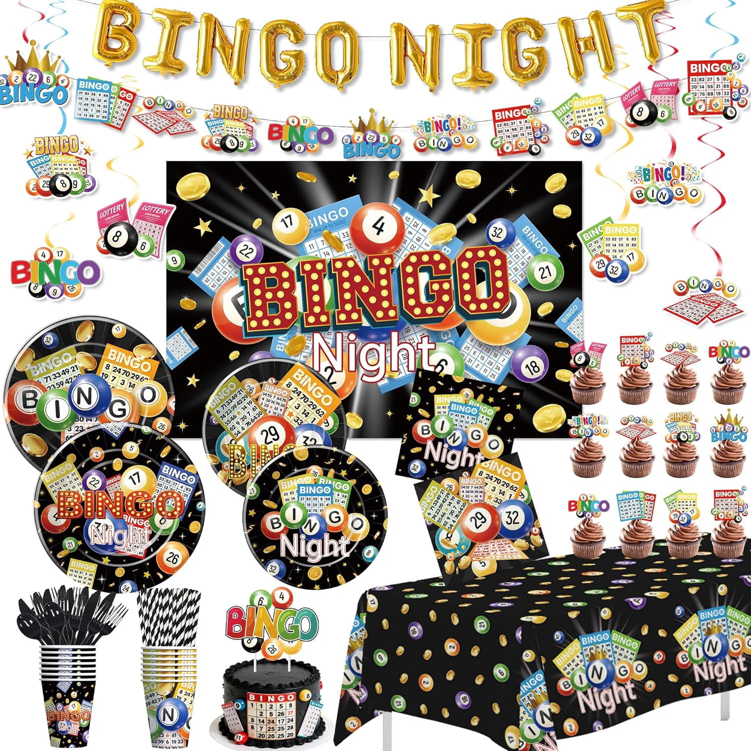 Bingo Birthday Decorations, Gold Black Bingo Night Party Supplies for ...