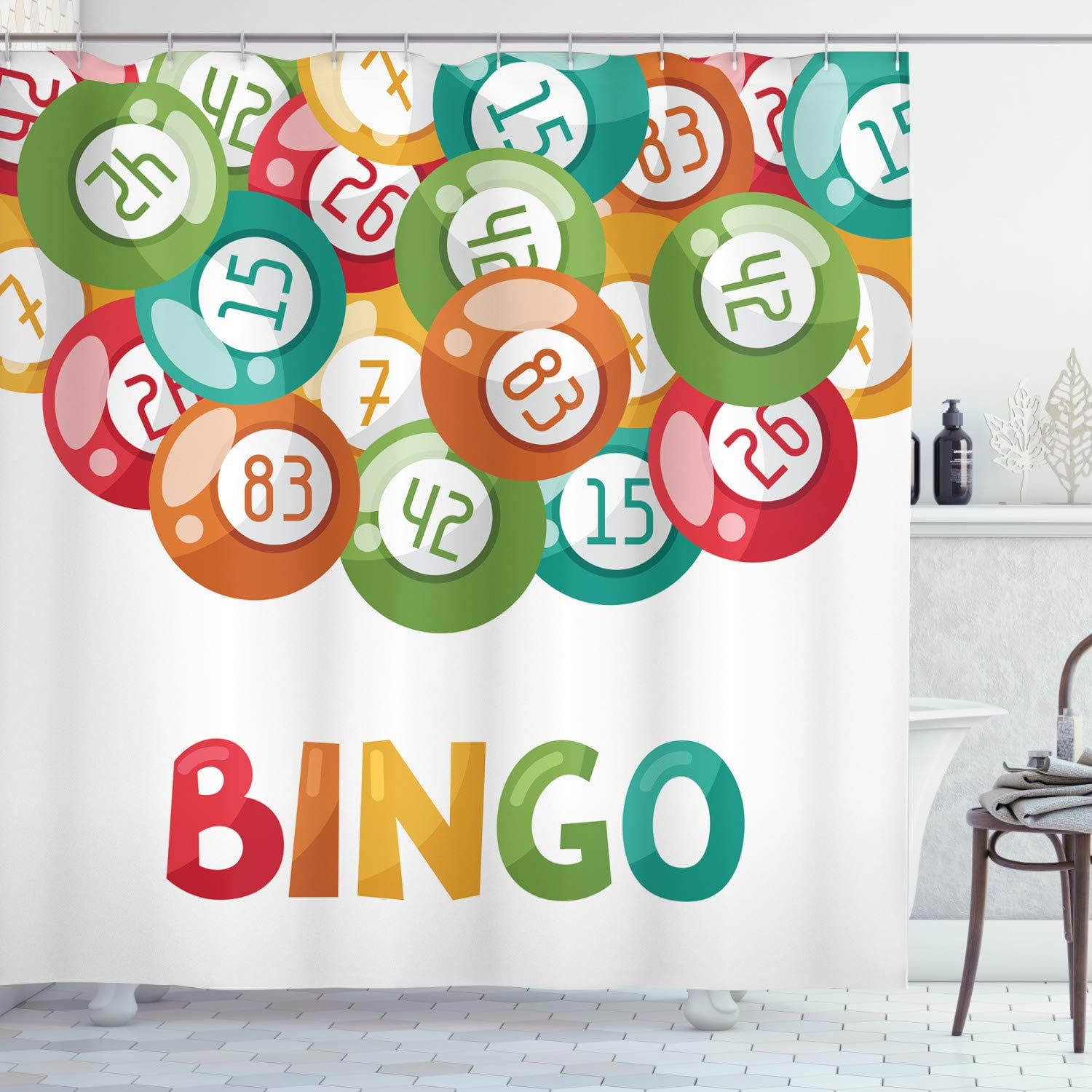 Bingo Shower Curtain Colorful Bingo Balls on Over Yellow Bursting ...