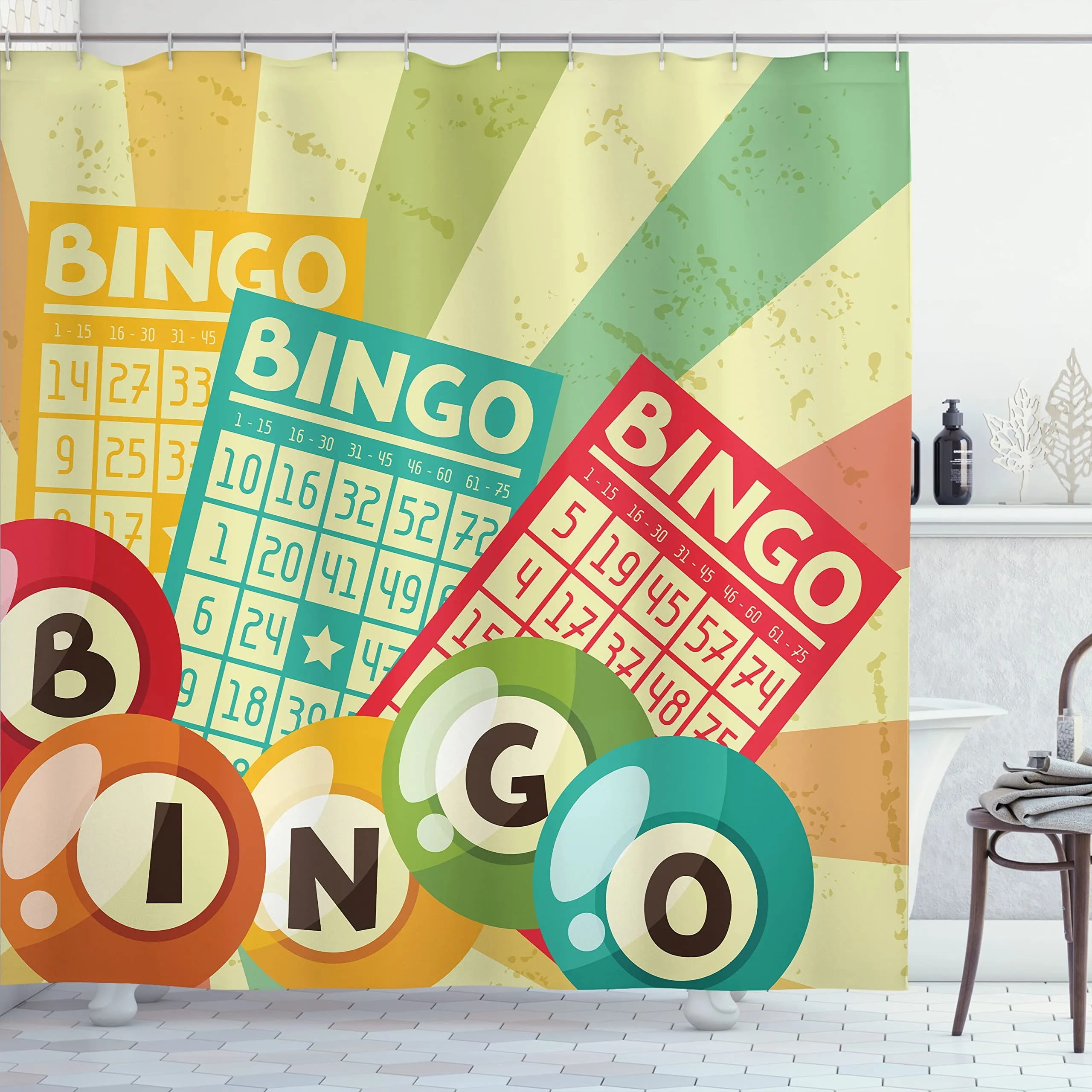 Bingo Shower Curtain Colorful Bingo Balls on Over Yellow Bursting ...