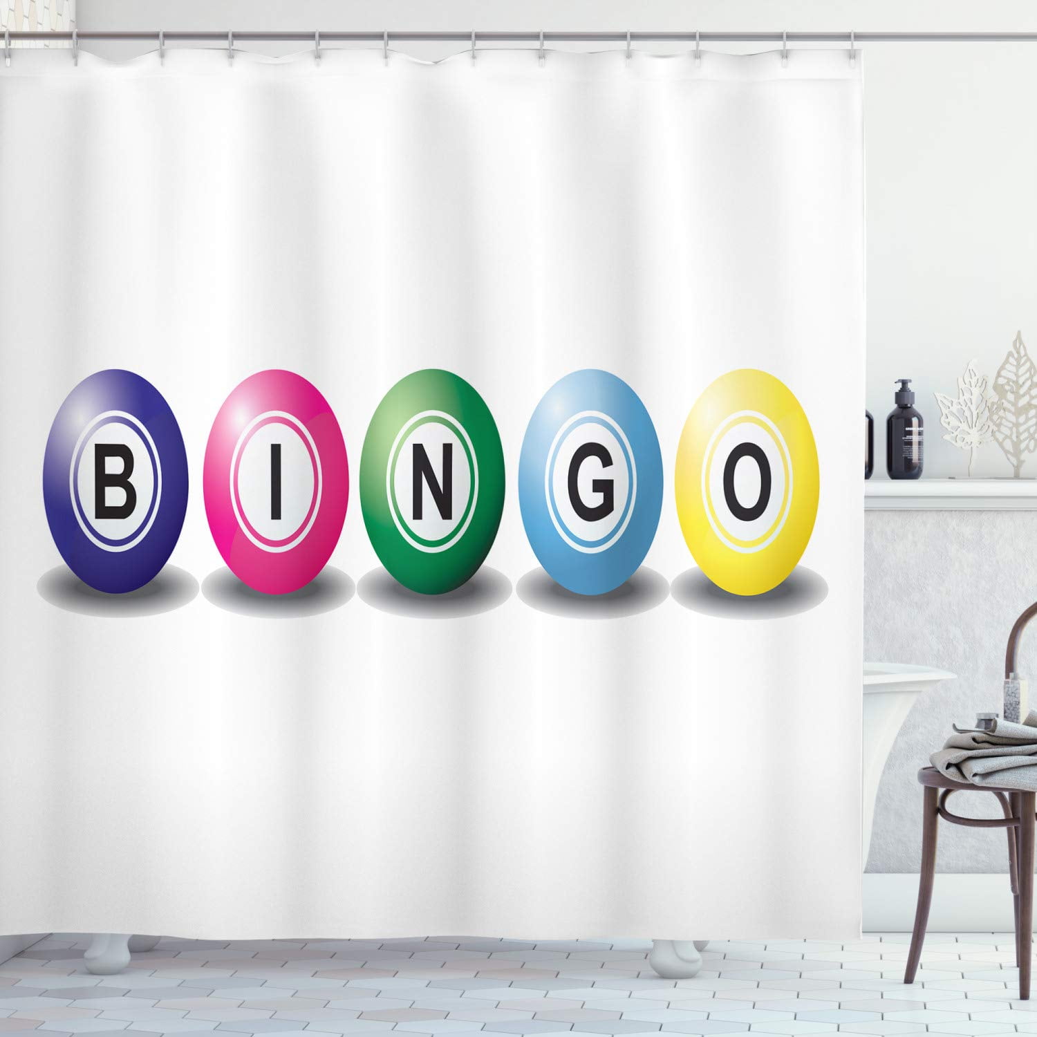 Bingo Shower Curtain Colorful Bingo Balls on Over Yellow Bursting ...