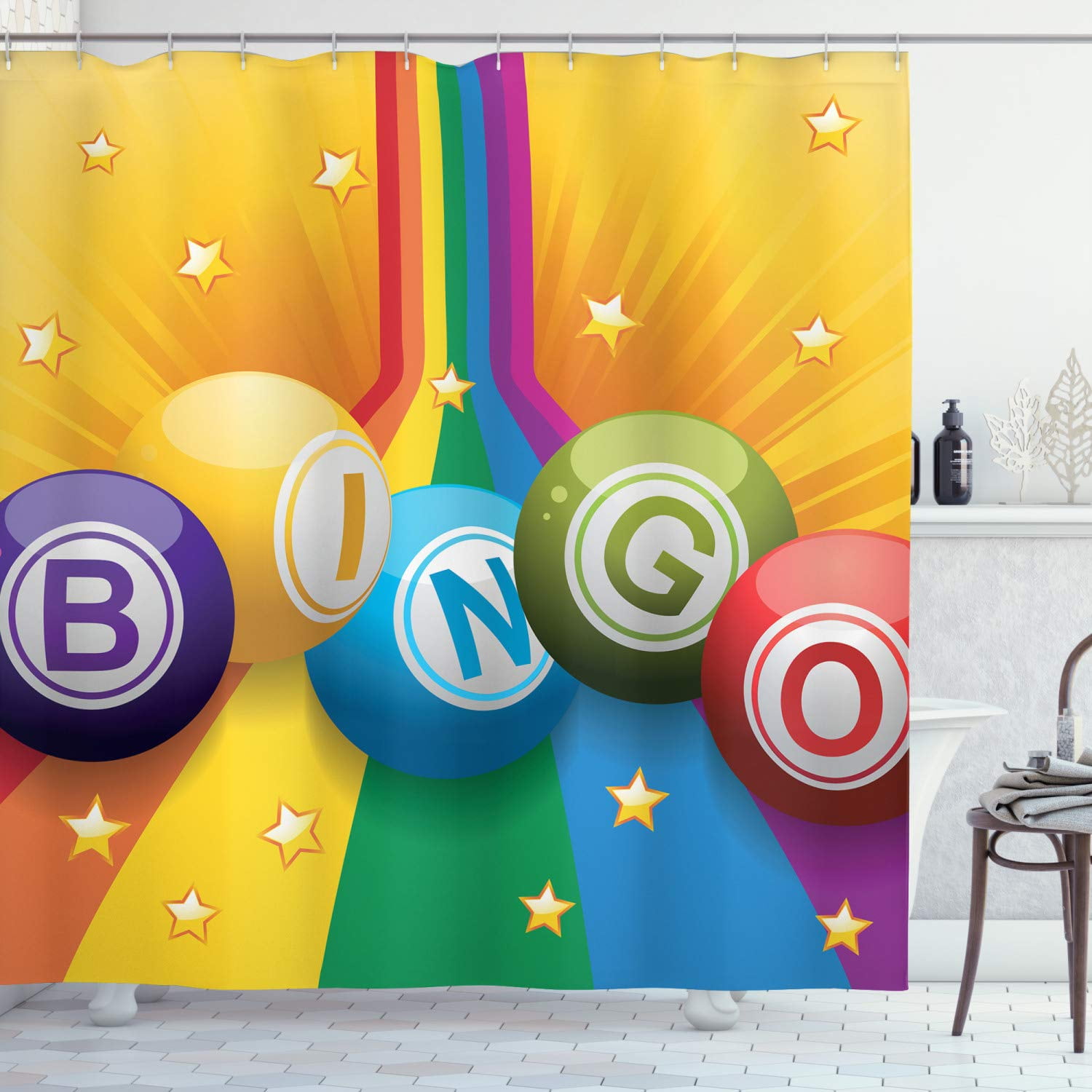 Bingo Shower Curtain Colorful Bingo Balls on Over Yellow Bursting ...