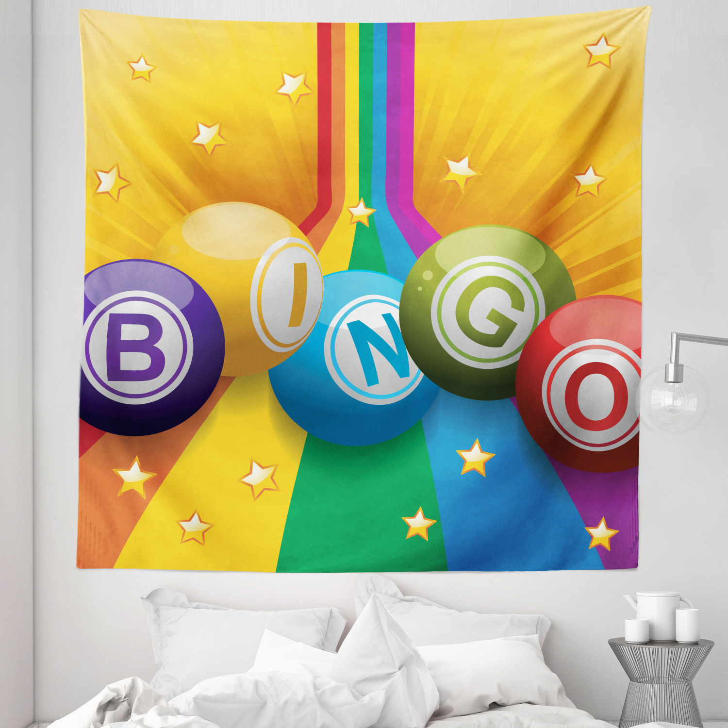 Bingo Tapestry, Colorful Bingo Balls on Rainbow over Yellow Bursting ...