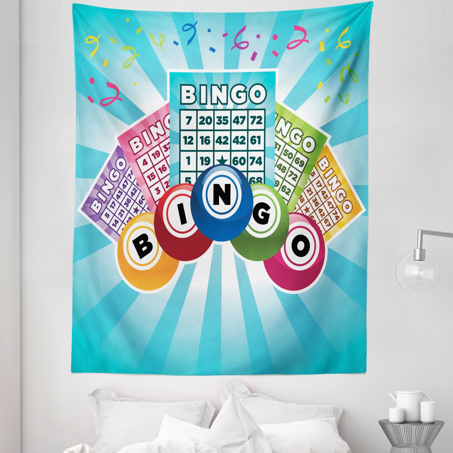 Bingo Tapestry, Colorful Illustration of Bingo Cards and Balls on Blue ...