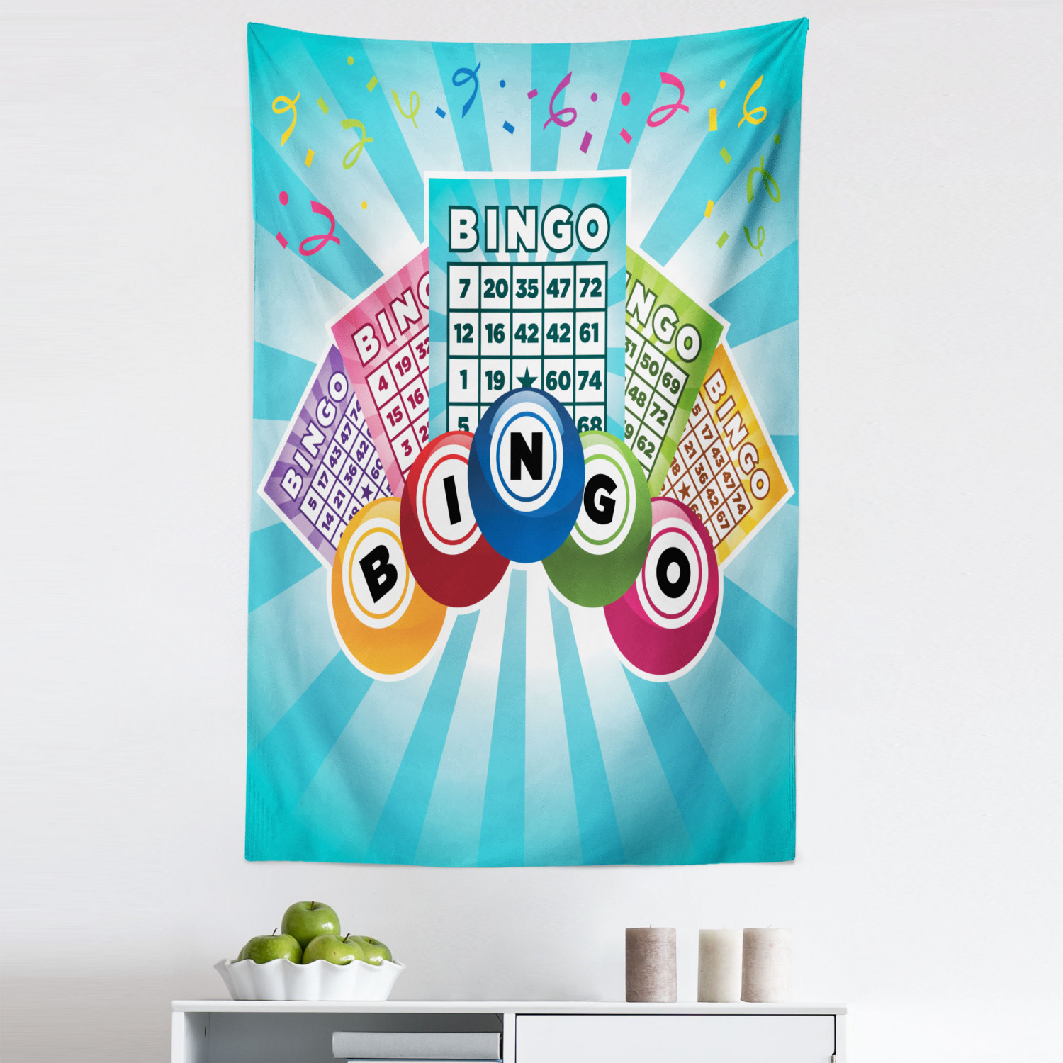 Bingo Tapestry, Colorful Illustration of Bingo Cards and Balls on Blue ...