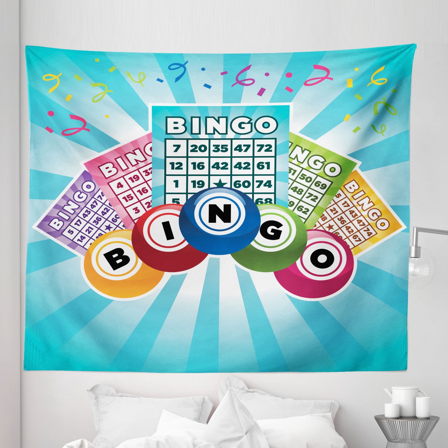 Bingo Tapestry, Colorful Illustration of Bingo Cards and Balls on Blue ...