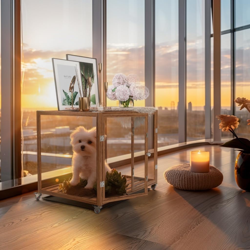 BingoPaw Clear Dog Crate Furniture Dog Kennel with Tempered Glass and ...