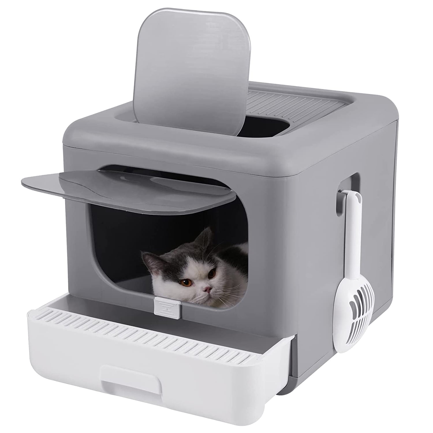 BingoPaw Large Foldable Cat Litter Box with Scoop Toilet Drawer, Gray ...