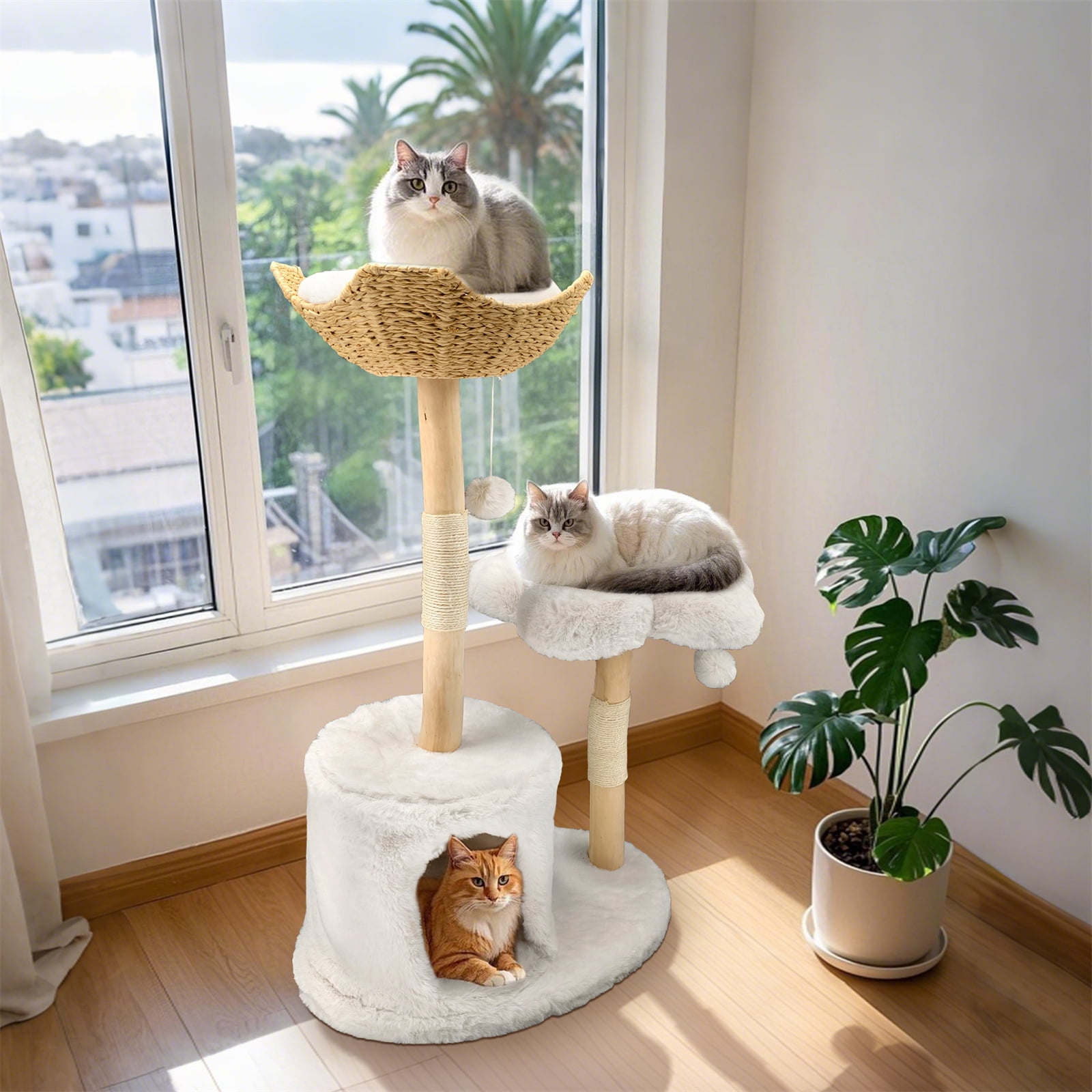 BingoPaw Wooden Cat Tree Indoor 3 Tiers Cats Tower with Jute Scratching ...