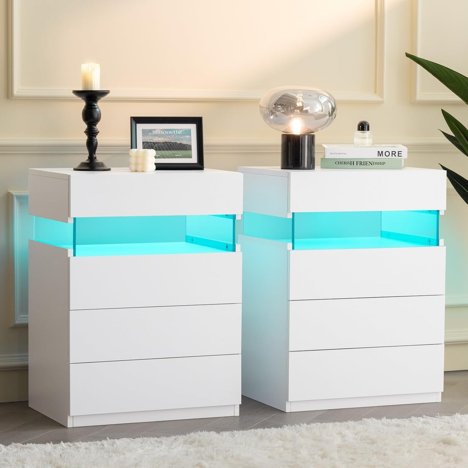 Bingoday White LED Nightstands Set of 2,Modern Night Stand with 4 ...