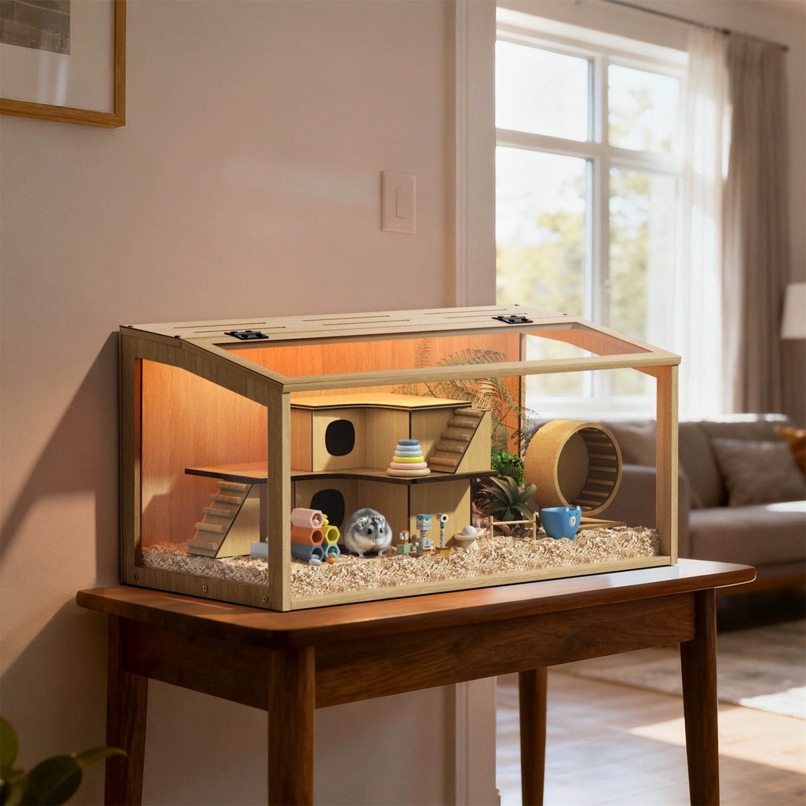 Bingopaw Chew-proof Wooden Hamster Cage Clear Glass Panel Tabletop ...