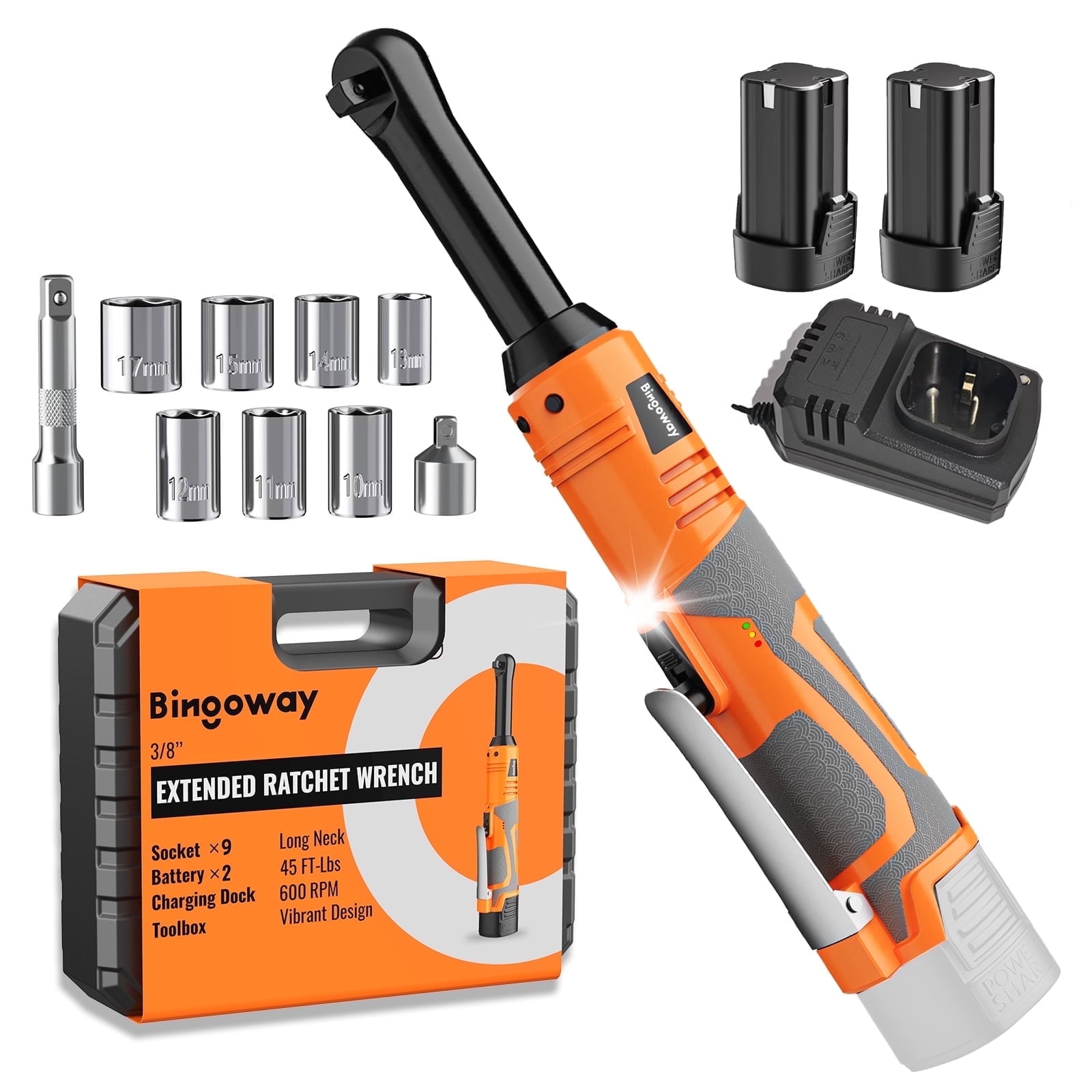 Bingoway 3/8" Extended Cordless Ratchet Wrench Set, 45 ft-Lbs(61N.m) 600 RPM,18V Long Neck Power ...