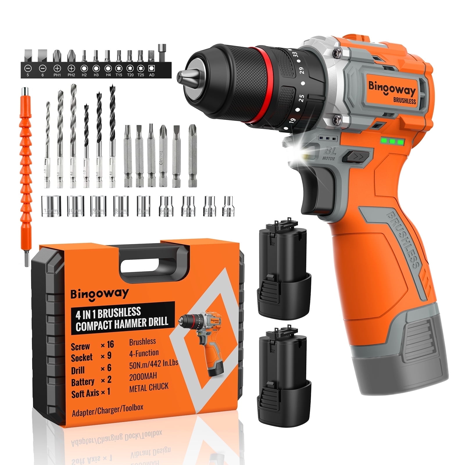 Bingoway 50N.m Brushless Cordless Drill Set, 4-in-1Electric Drill with ...