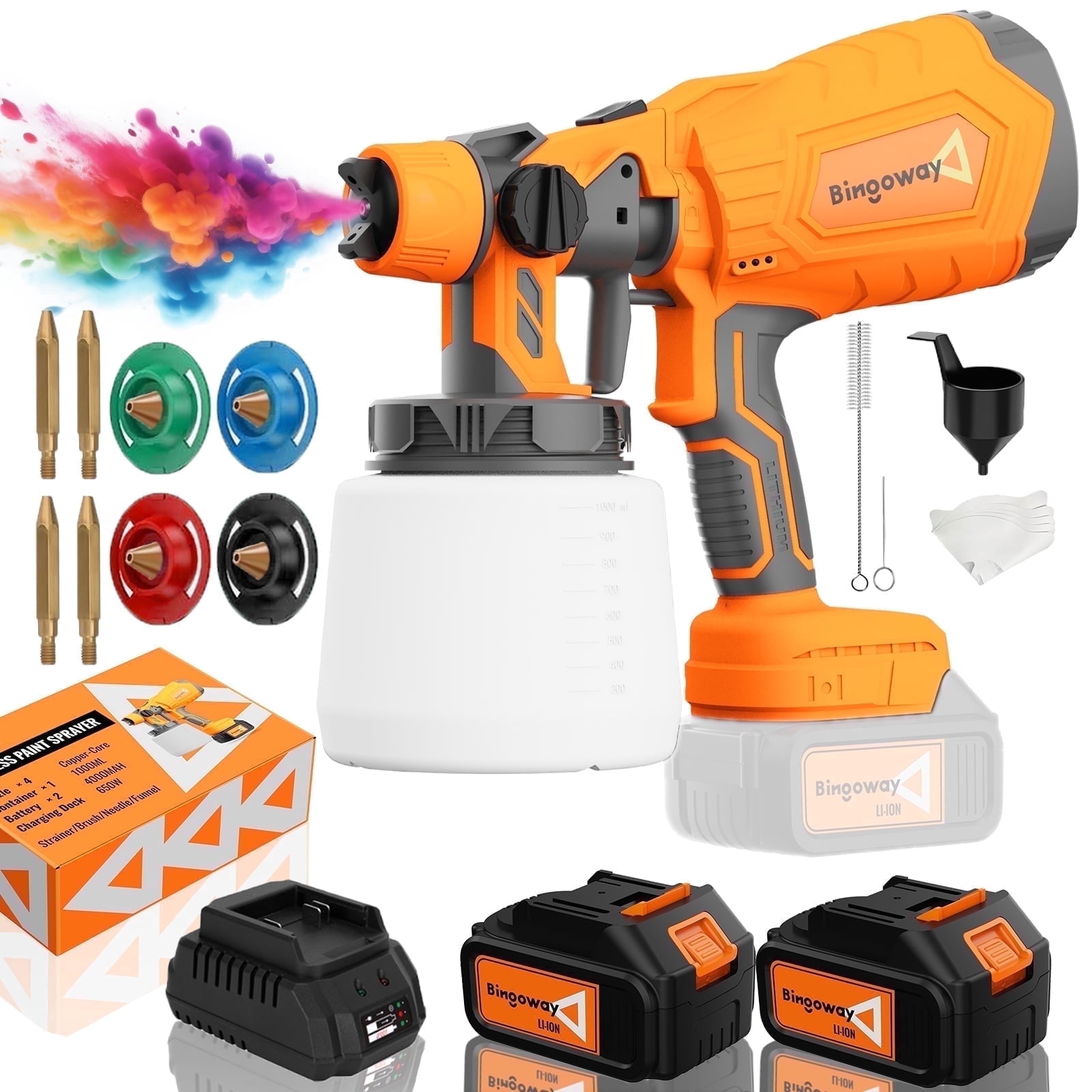 Bingoway Cordless HVLP Paint Sprayer, 650W, 20V MAX, 1000ML Container ...