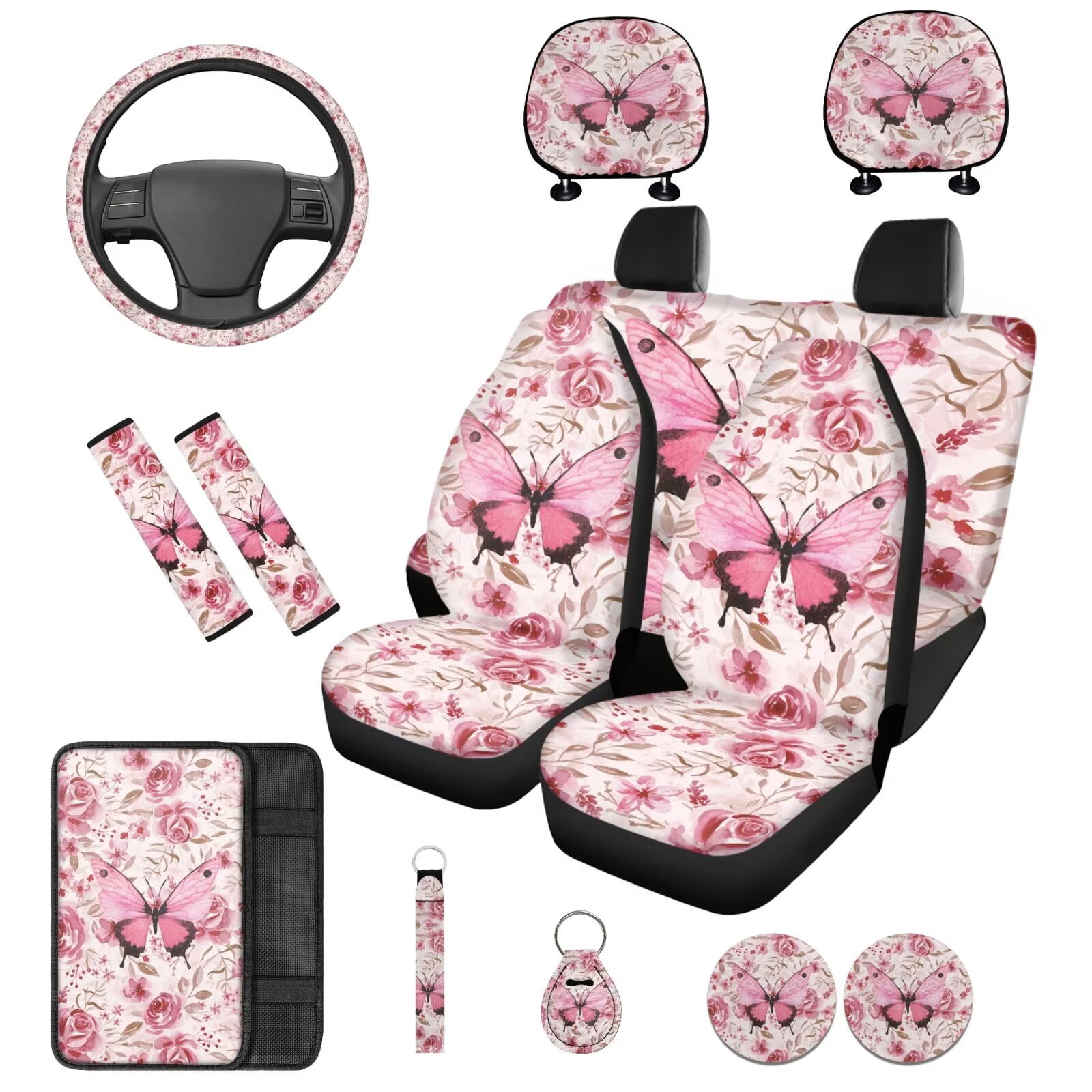 Binienty 14 PCS Pink Butterfly Car Seat Cover Set for Women Girly Front ...