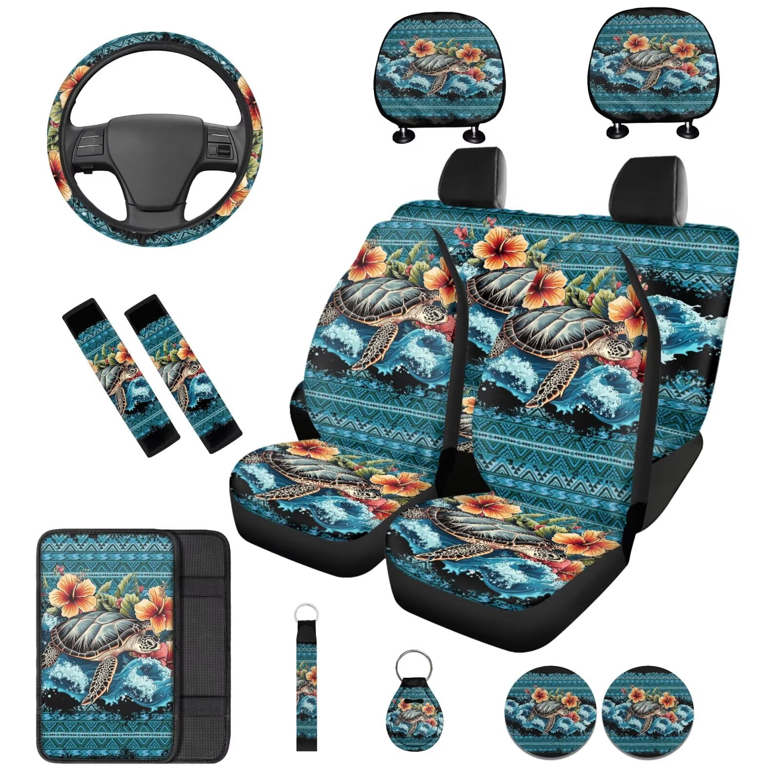 Binienty 14 Pack Sea Turtle Auto Seat Covers Front and Rear with 15 ...