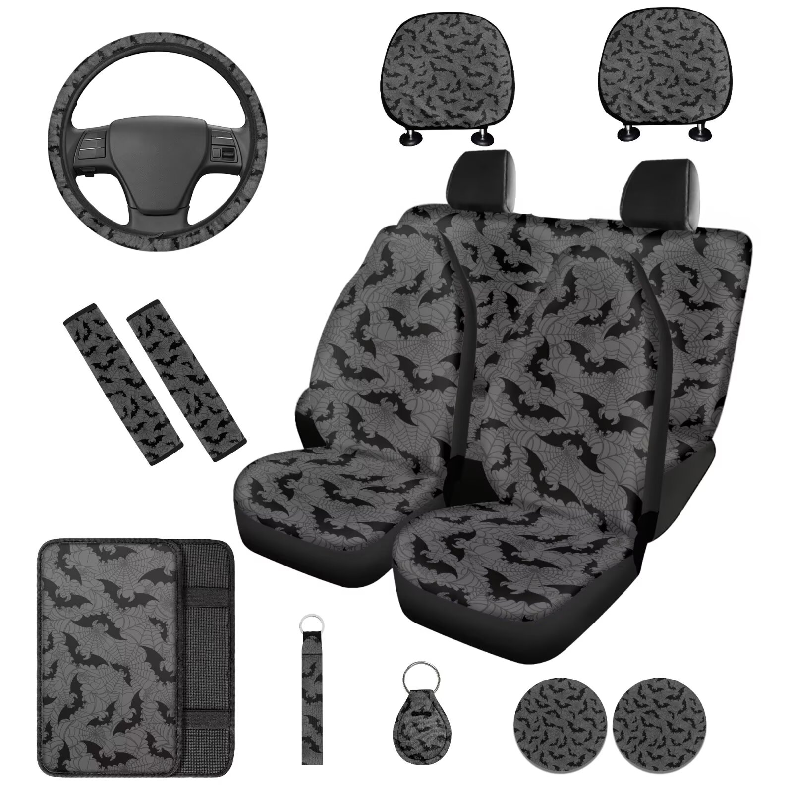 Binienty 14 Pieces Auto Seat Covers Full Set Halloween Bat Spider Web ...