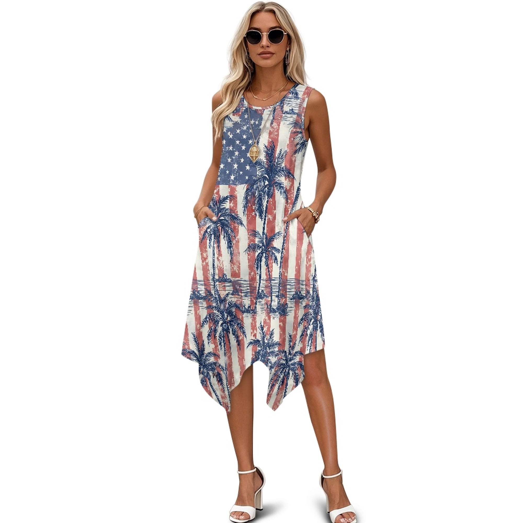 Binienty American Flag Palm Tree Sleeveless Swing Pleated Dress, Side ...