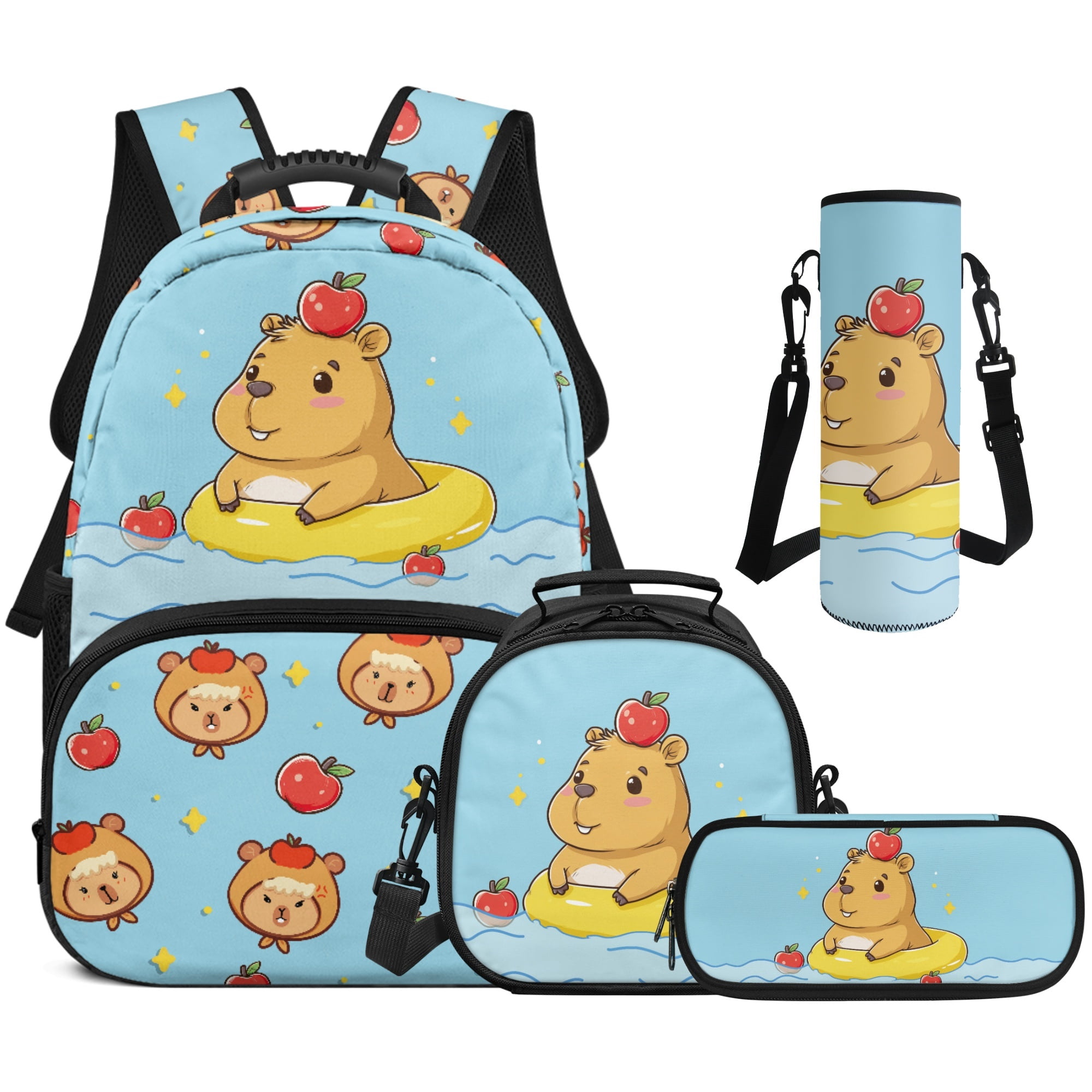 Binienty Apple Capybara Pattern 4 Pcs School Bag with Kids Lunch Bag ...