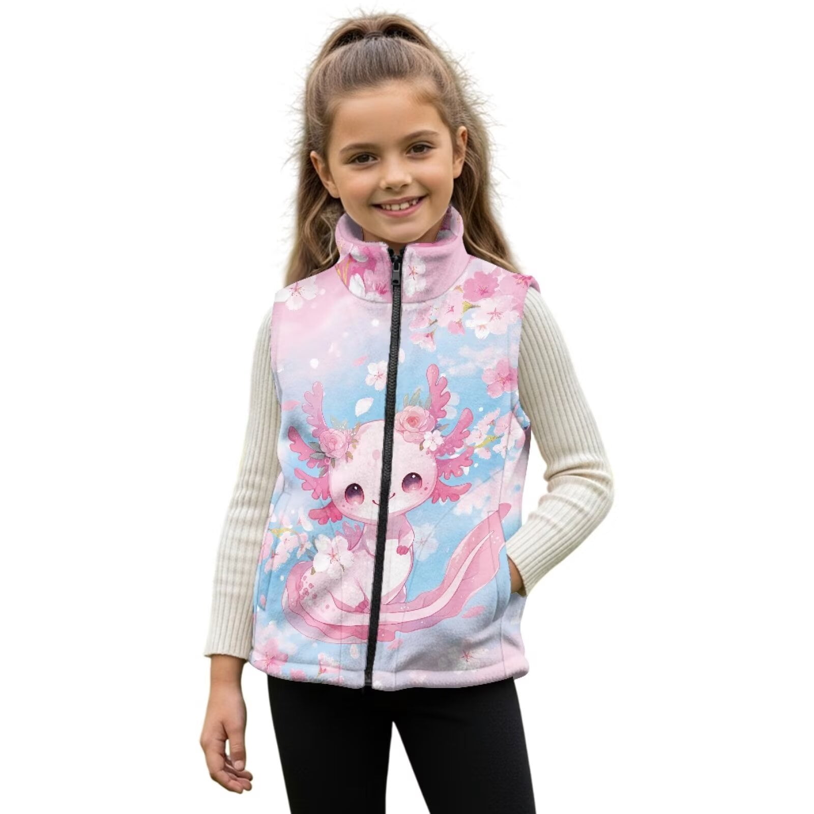 Binienty Axolotl Cherry Blossom Sleeveless Vest Girls Zip Up Fuzzy ...