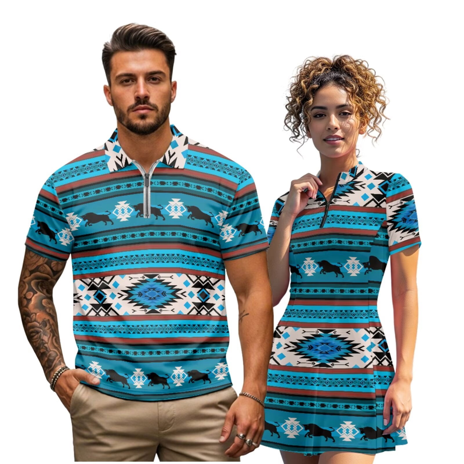 Binienty Aztec Cow Golf Outfit Set for Couple Classic Fit Zipper Neck ...