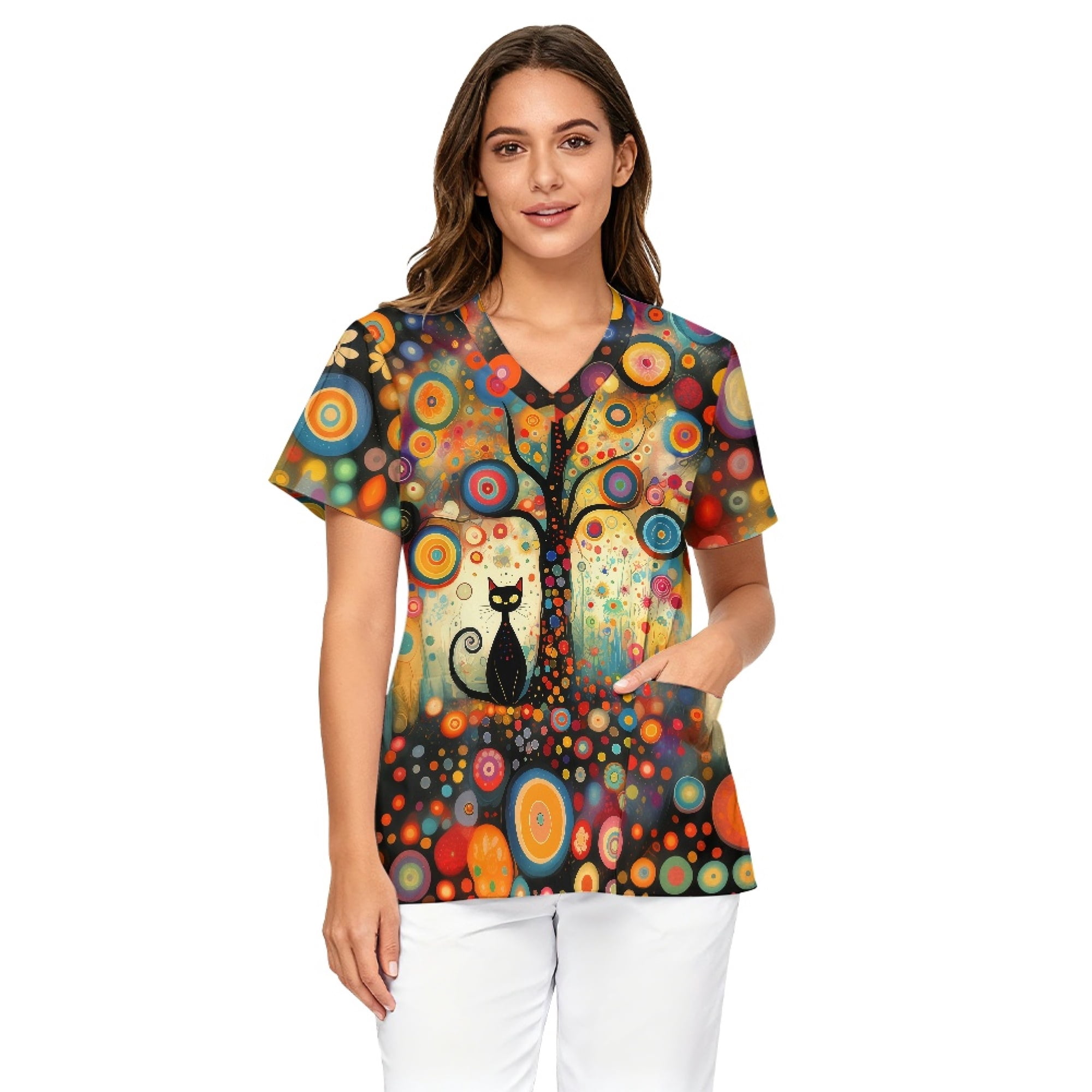 Binienty Black Cat Art Design Medical Uniform Short Sleeve Breathable ...