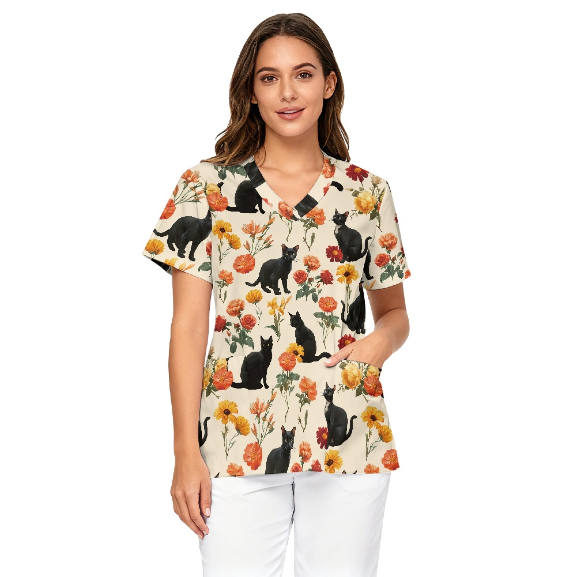 Binienty Black Cat Chrysanthemum Work Shirt for Healthcare Workers ...