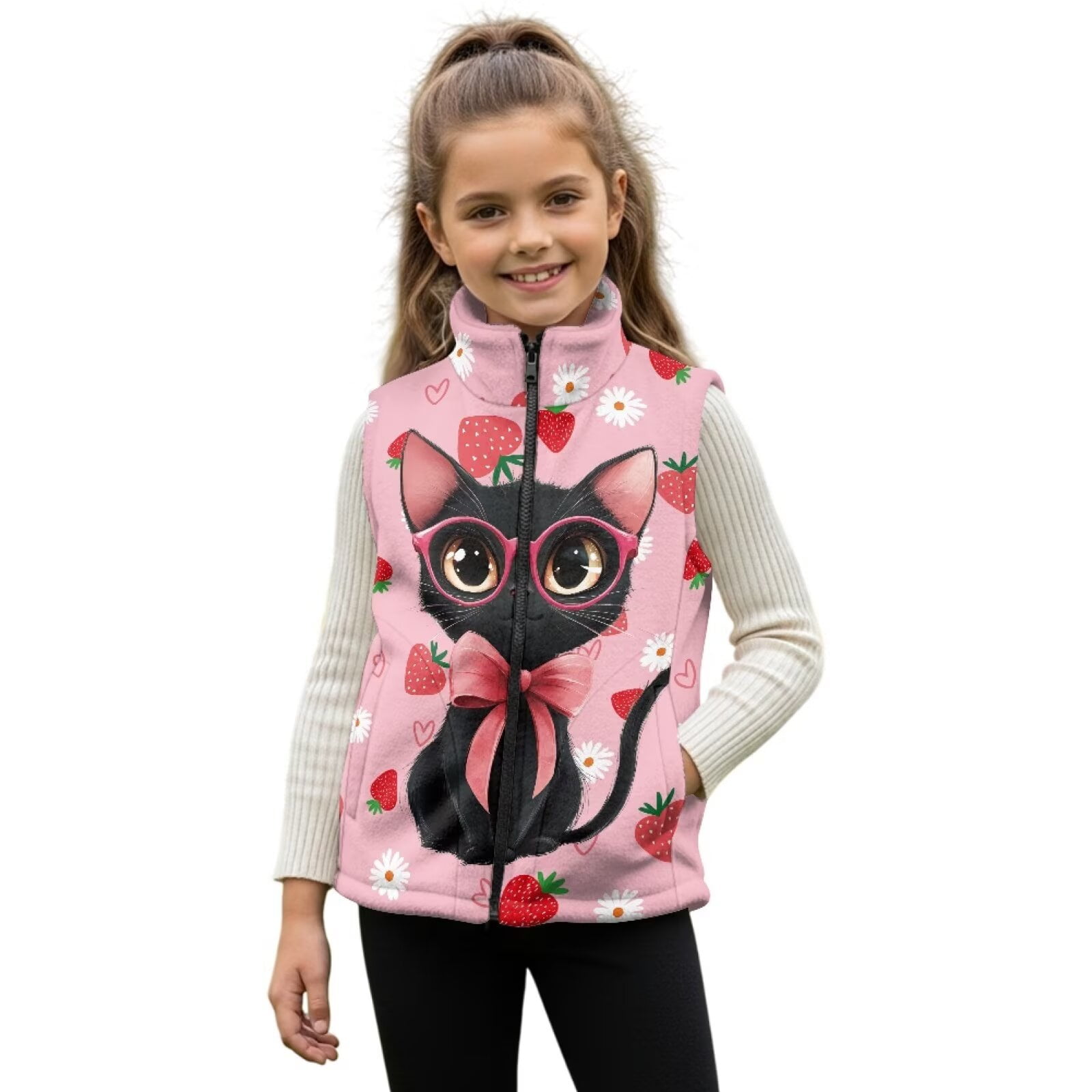 Binienty Black Cat Girls Vest Jacket Size 5-6 Cute Fluffy Fuzzy Fleece ...