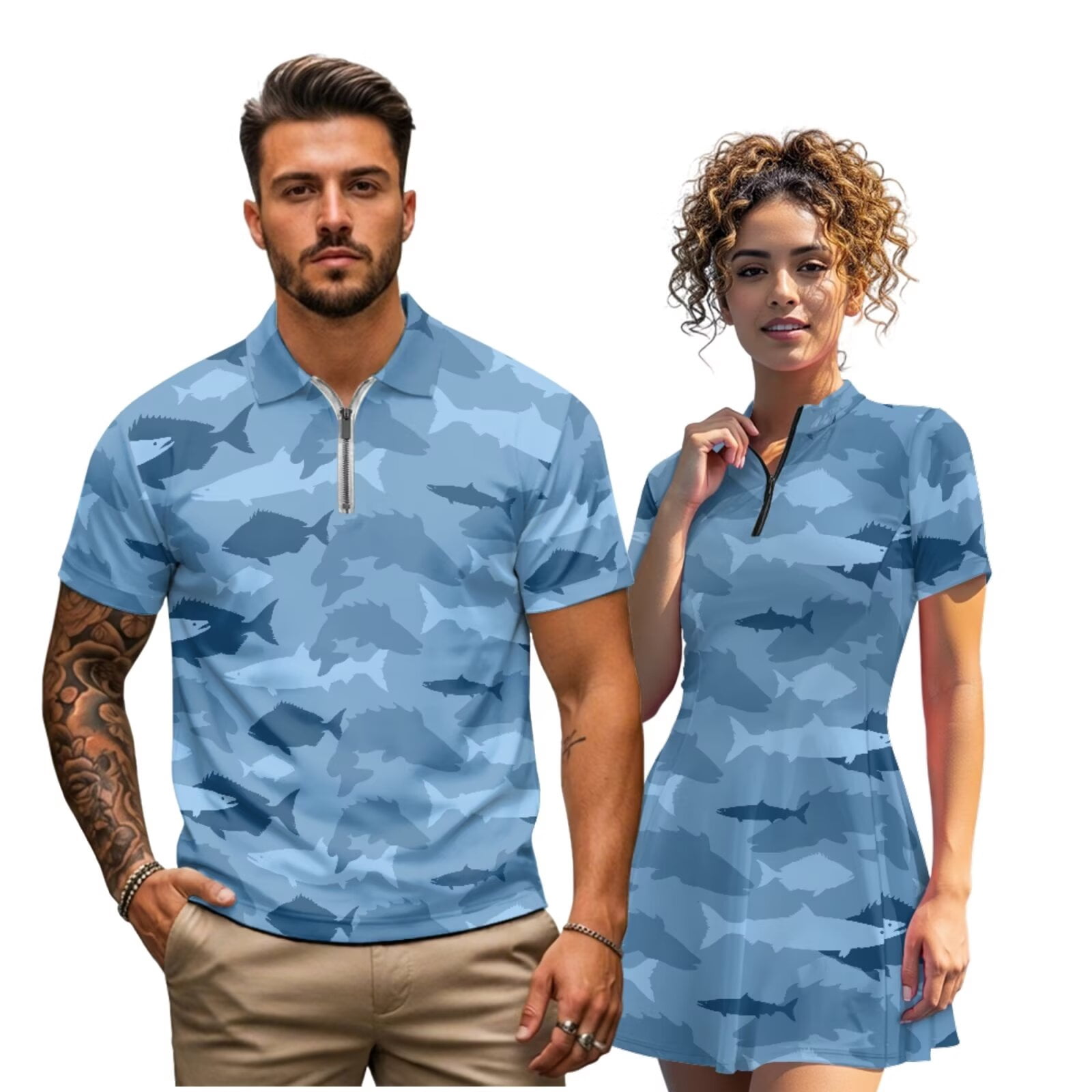 Binienty Blue Fish Camo His and Hers Matching Outfits Stylish 1/4 ...