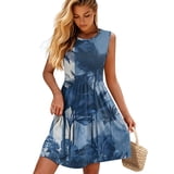 Binienty Blue Palm Tree Tank Sundress for Women, Sleeveless Tiered ...