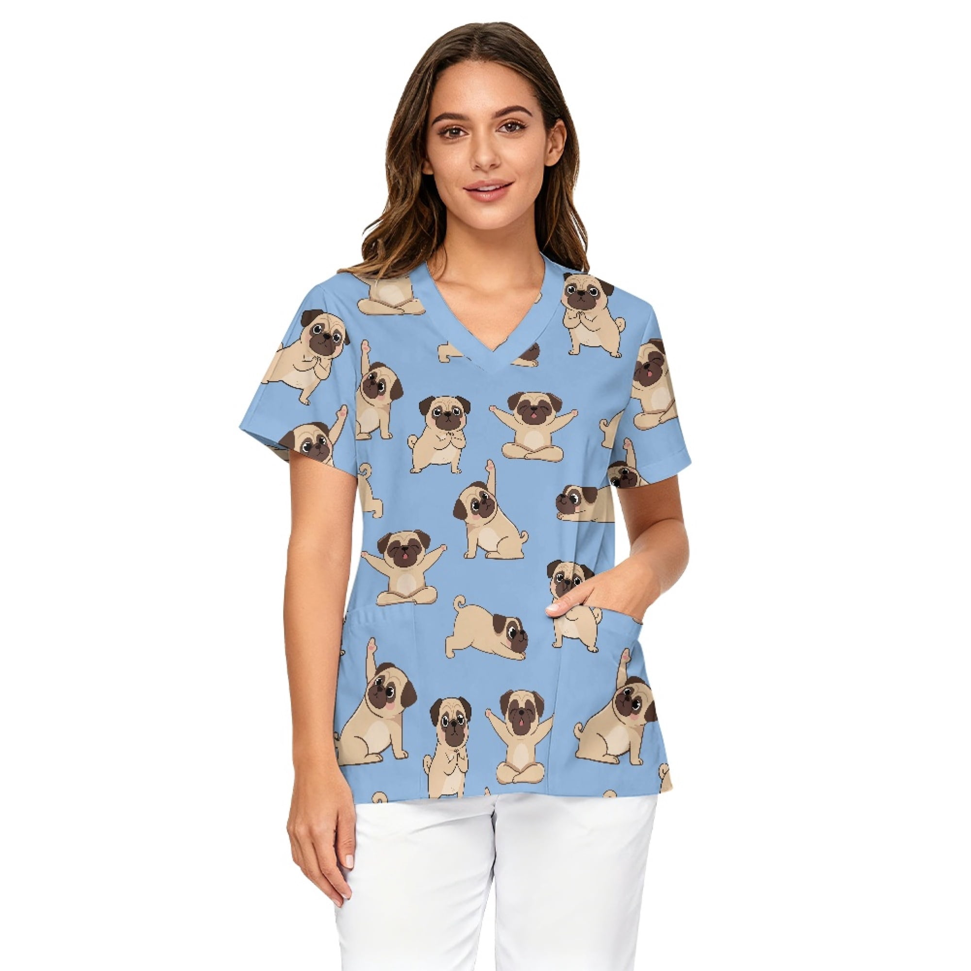 Binienty Blue Pug Cover Nurse Uniforms Short Sleeve Breathable ...