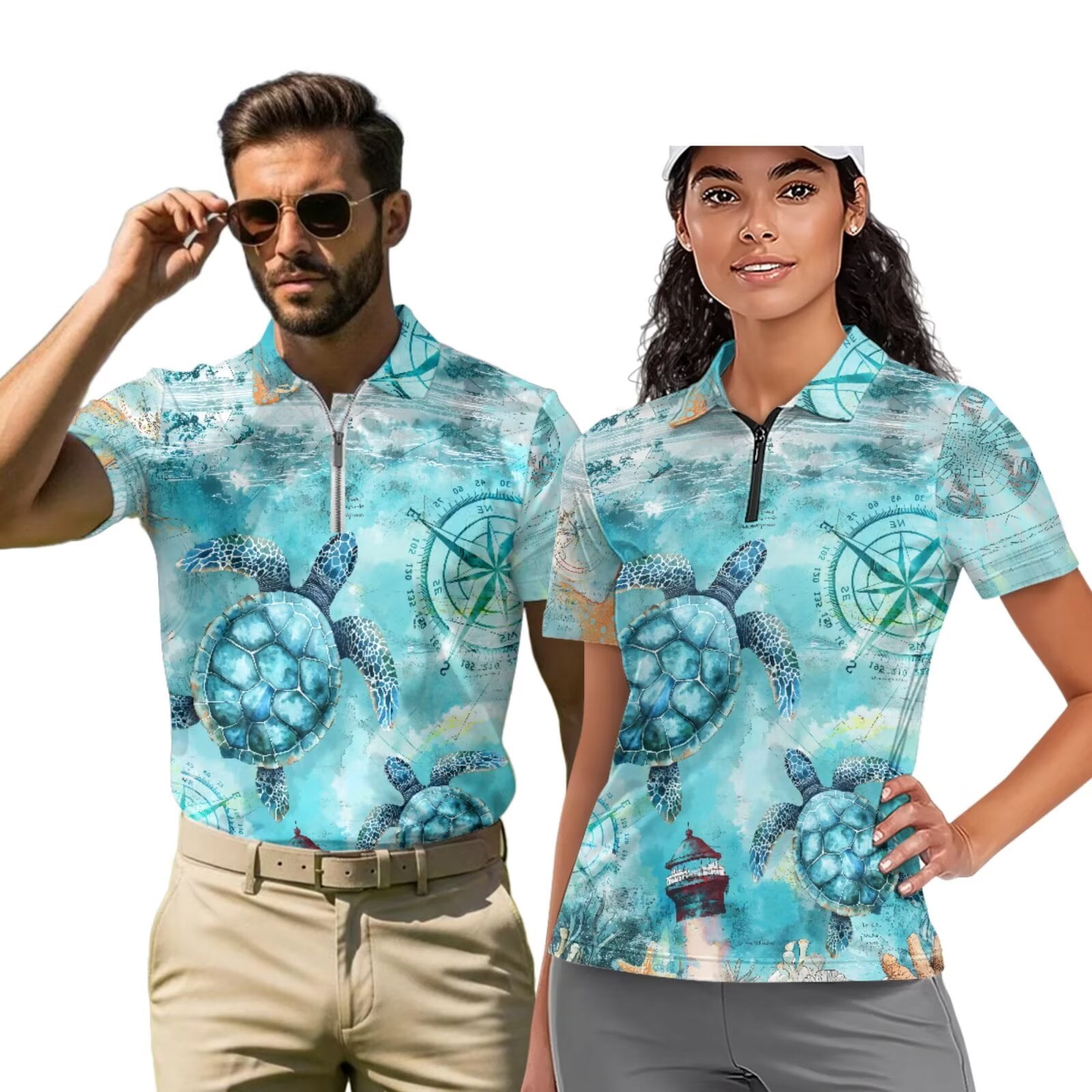 Binienty Blue Sea Turtle Golf Shirt for Couple Comfortable Zipper Neck ...