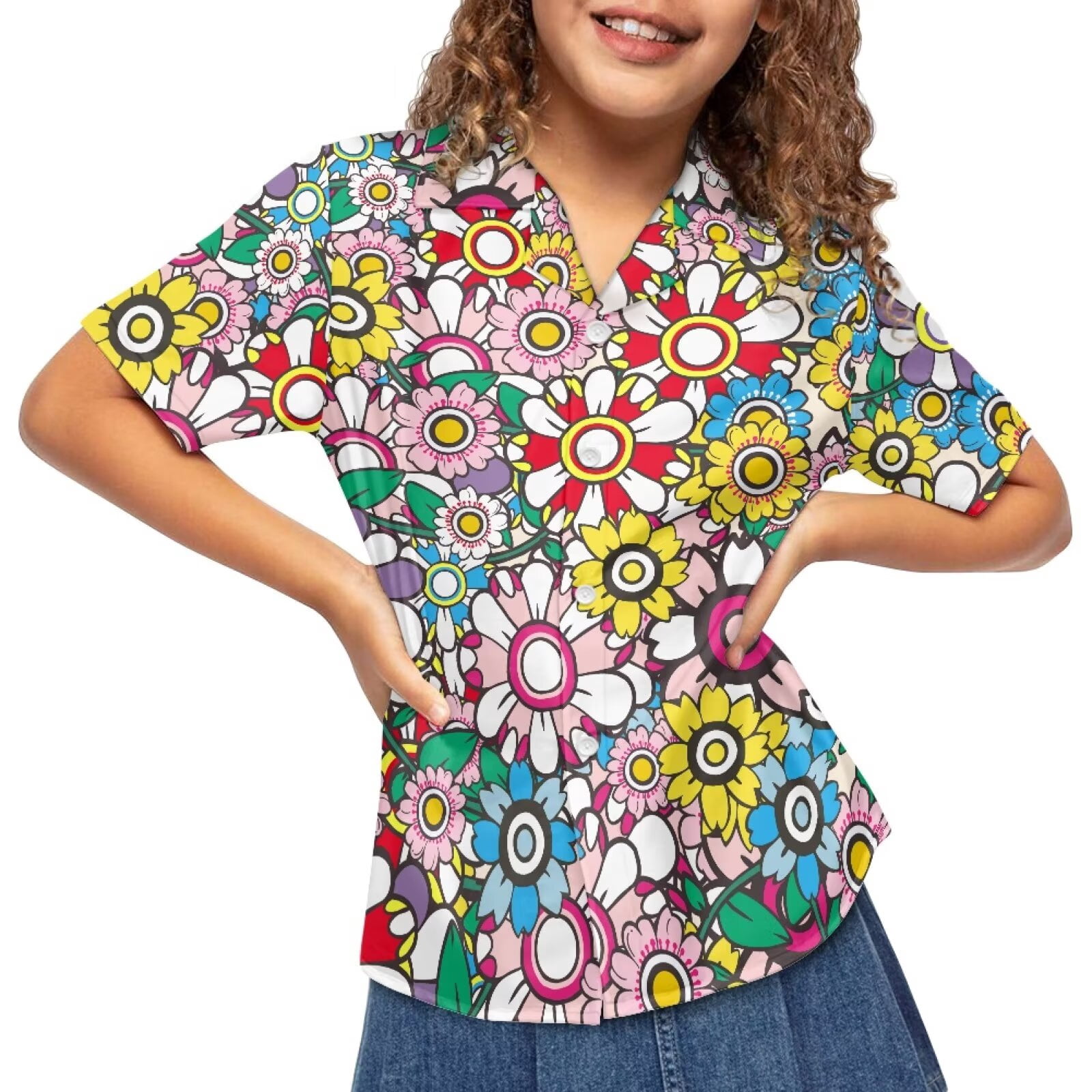 Binienty Bohemian Hippie Daisy Print Girls Summer Button Down Shirt ...