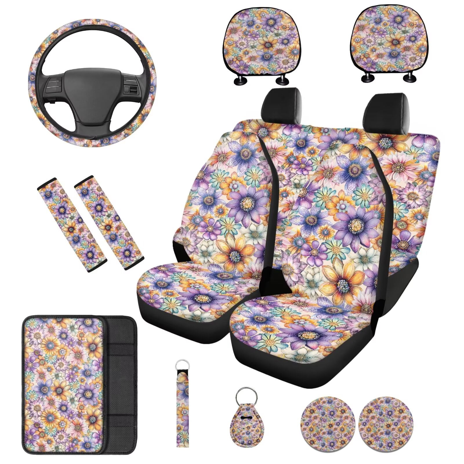 Binienty Boho Daisy Car Seat Covers Full Set with Armrest Cover ...