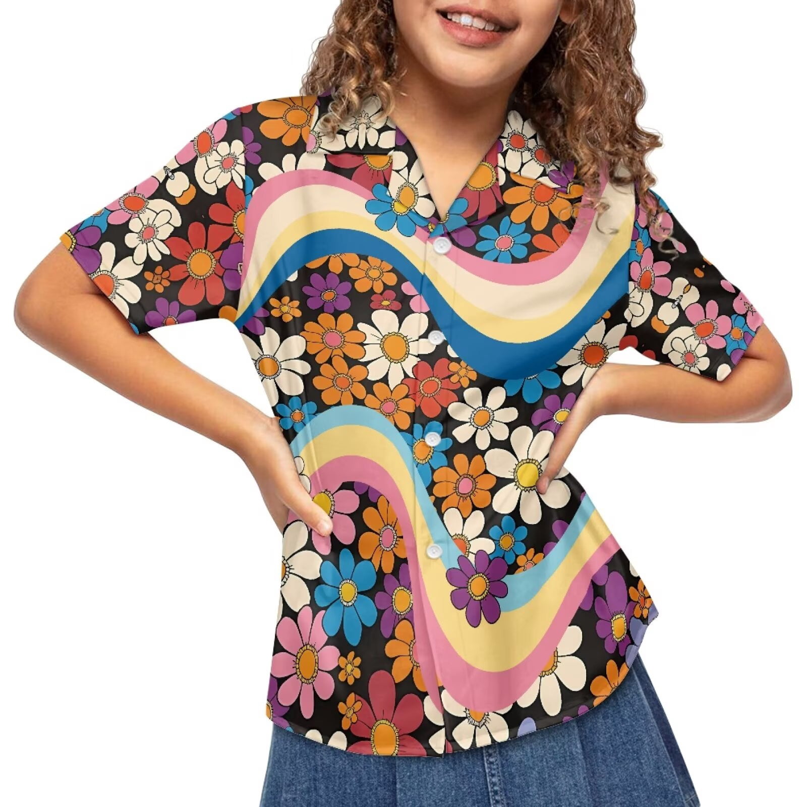 Binienty Boho Hippie Daisy Girls Summer Shirts Casual Girls Button Down ...