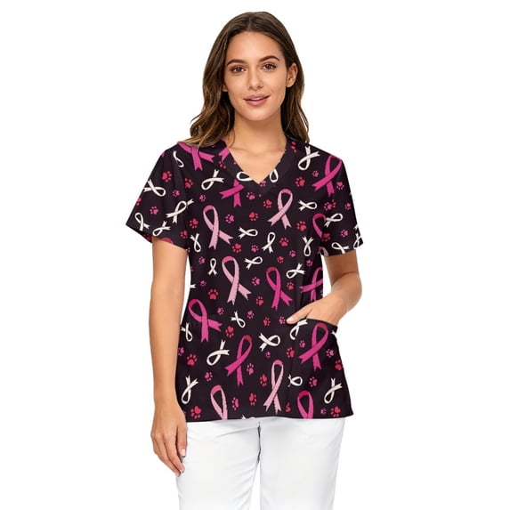 Binienty Breast Cancer Theme Scrub Shirt for Women Breathable V Neck ...